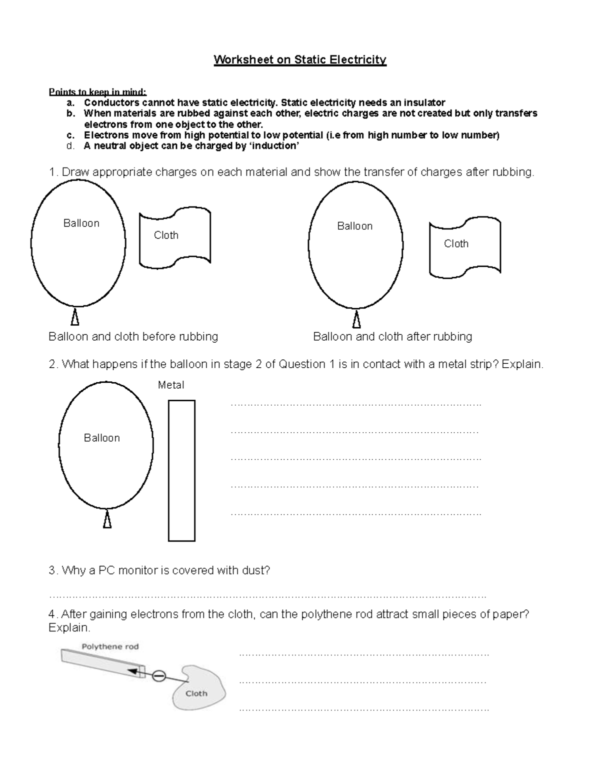Worksheet on Static Electricity Concepts and Applications - Studocu