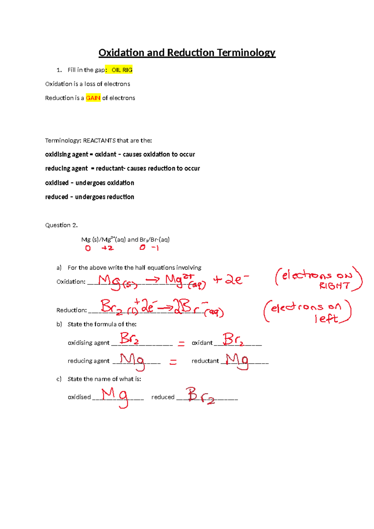 Solutions - redox handout - Oxidation and Reduction Terminology 1. Fill ...