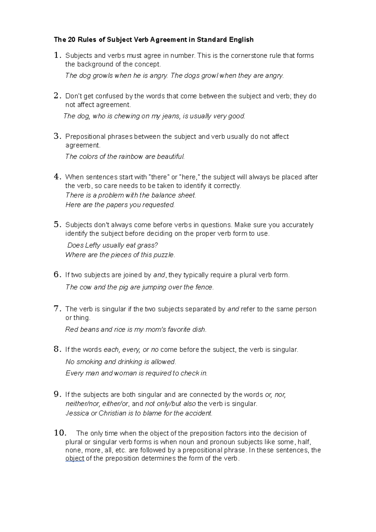 S-V-Agreement: 20 Essential Rules of Subject-Verb Agreement - Studocu