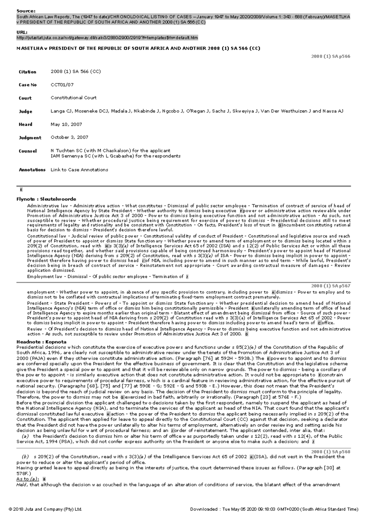 Masetlha v President OF THE Republic OF South Africa AND Another 2008 1 ...