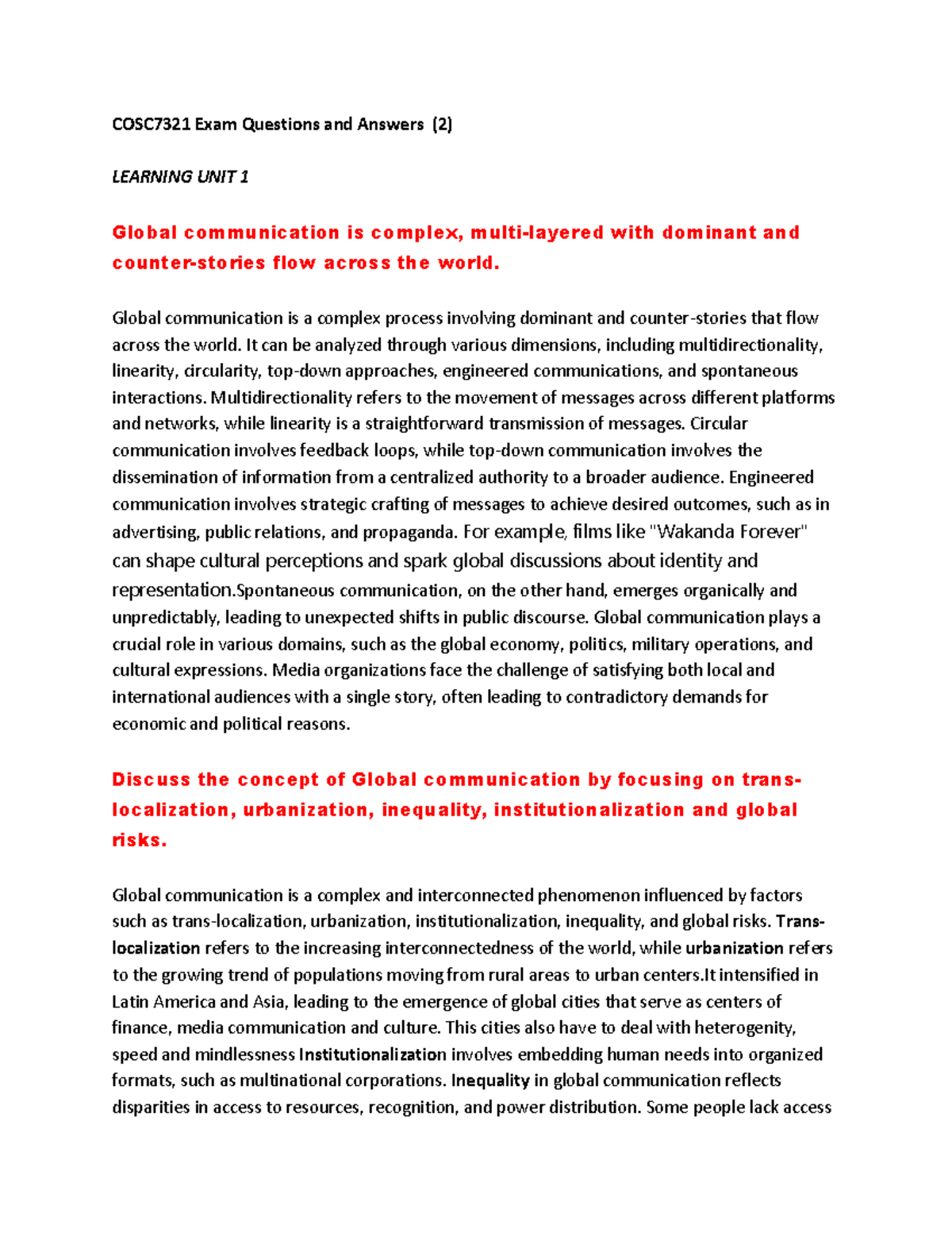 COSC7321 Exam Notes: Global Communication, Politics, and Cultural ...
