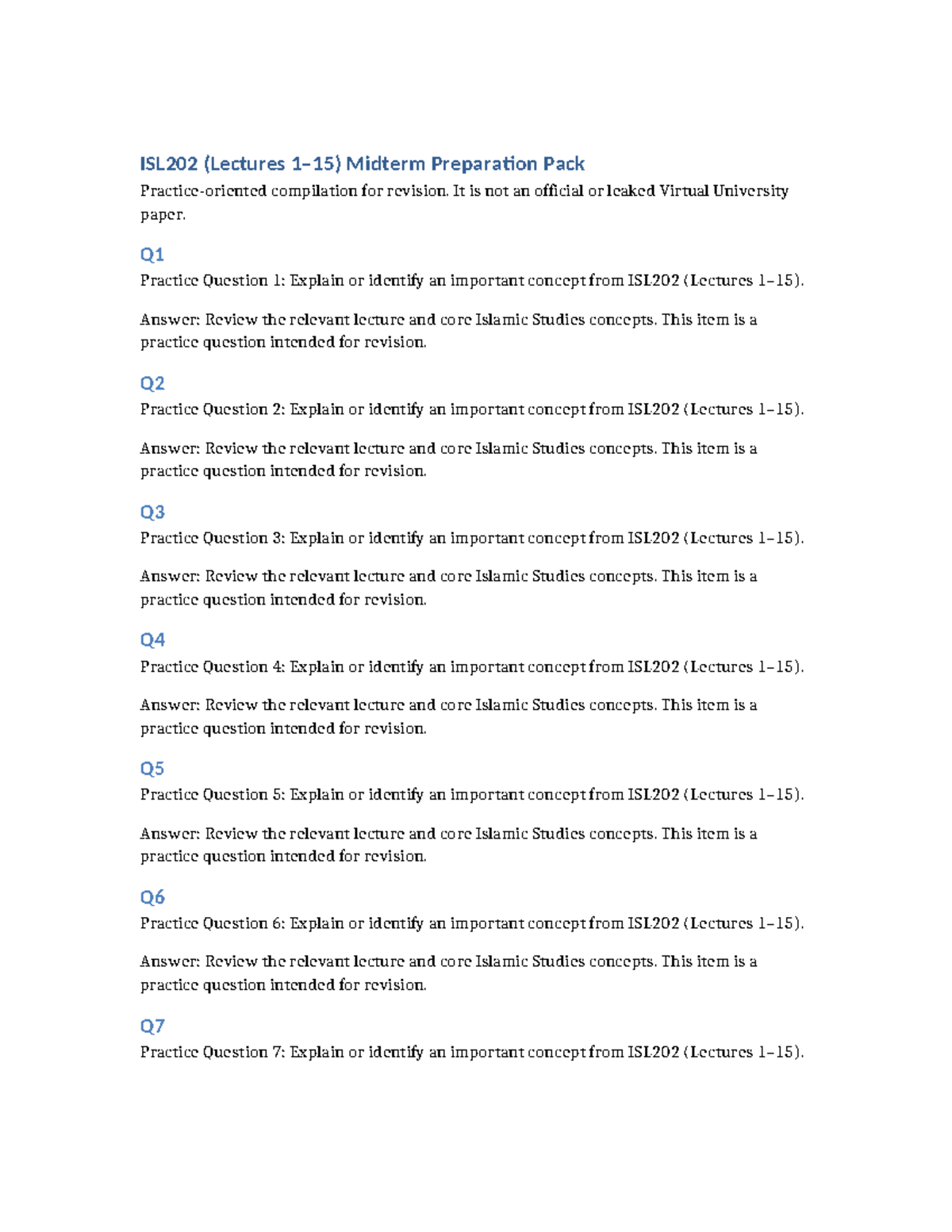 ISL202 Midterm Exam Prep: Comprehensive Practice Questions Compilation ...