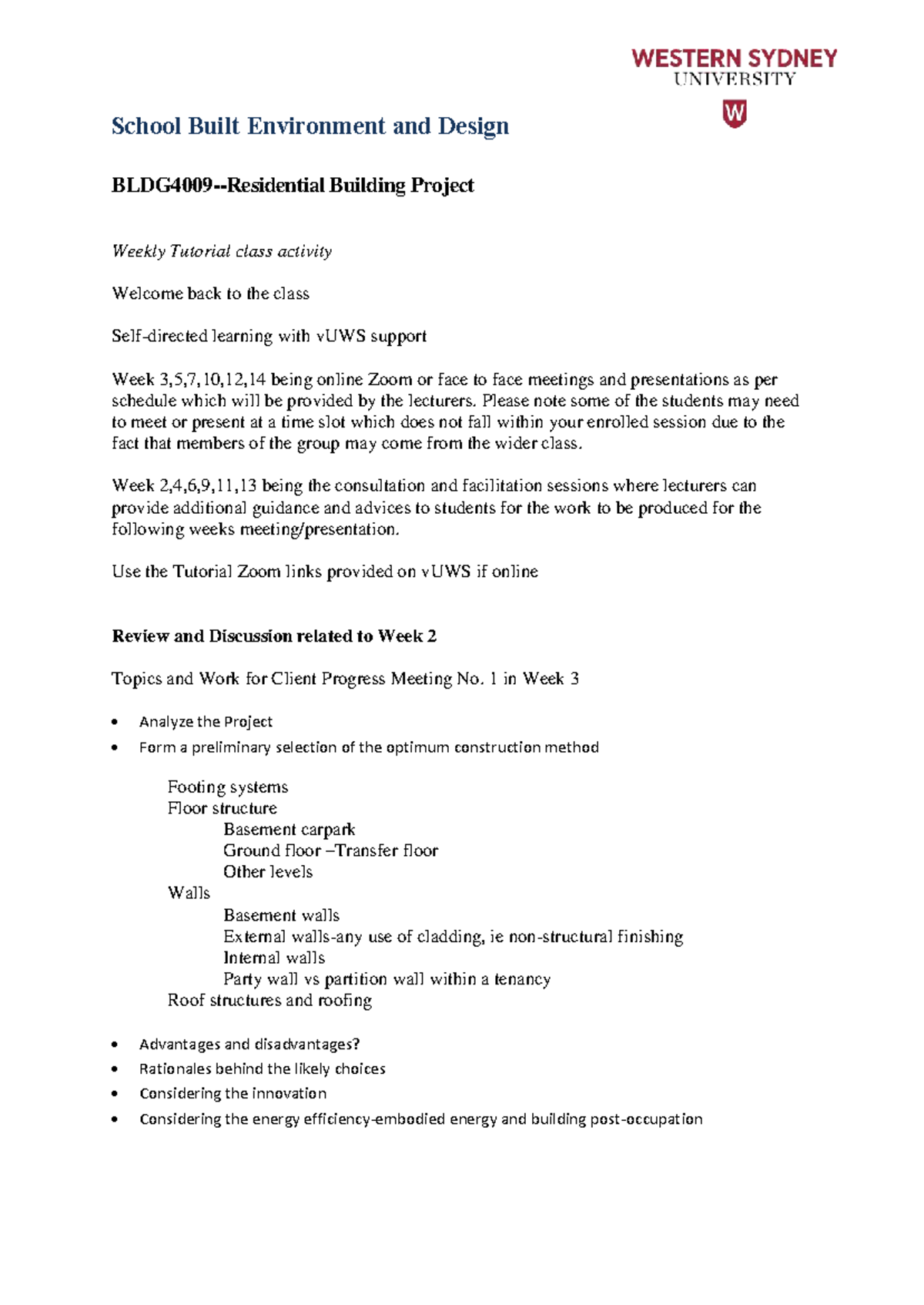 BLDG4009-Residential Building Project: Week 2 Tutorial Plan - Studocu