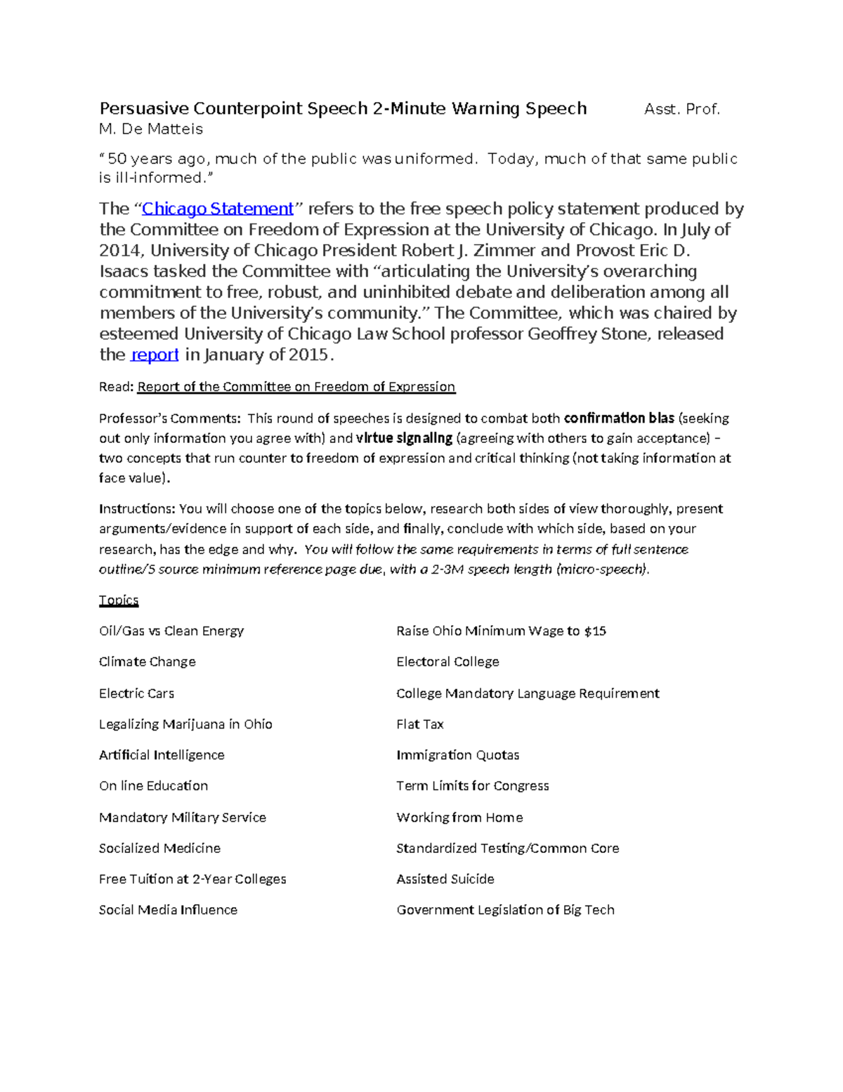 Persuasive Counterpoint Speech Assignment - Asst. Prof. M. De Matteis ...