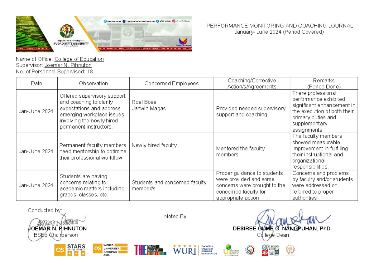 PERFORMANCE MONITORING AND COACHING JOURNAL July-Dec 2024 - Studocu