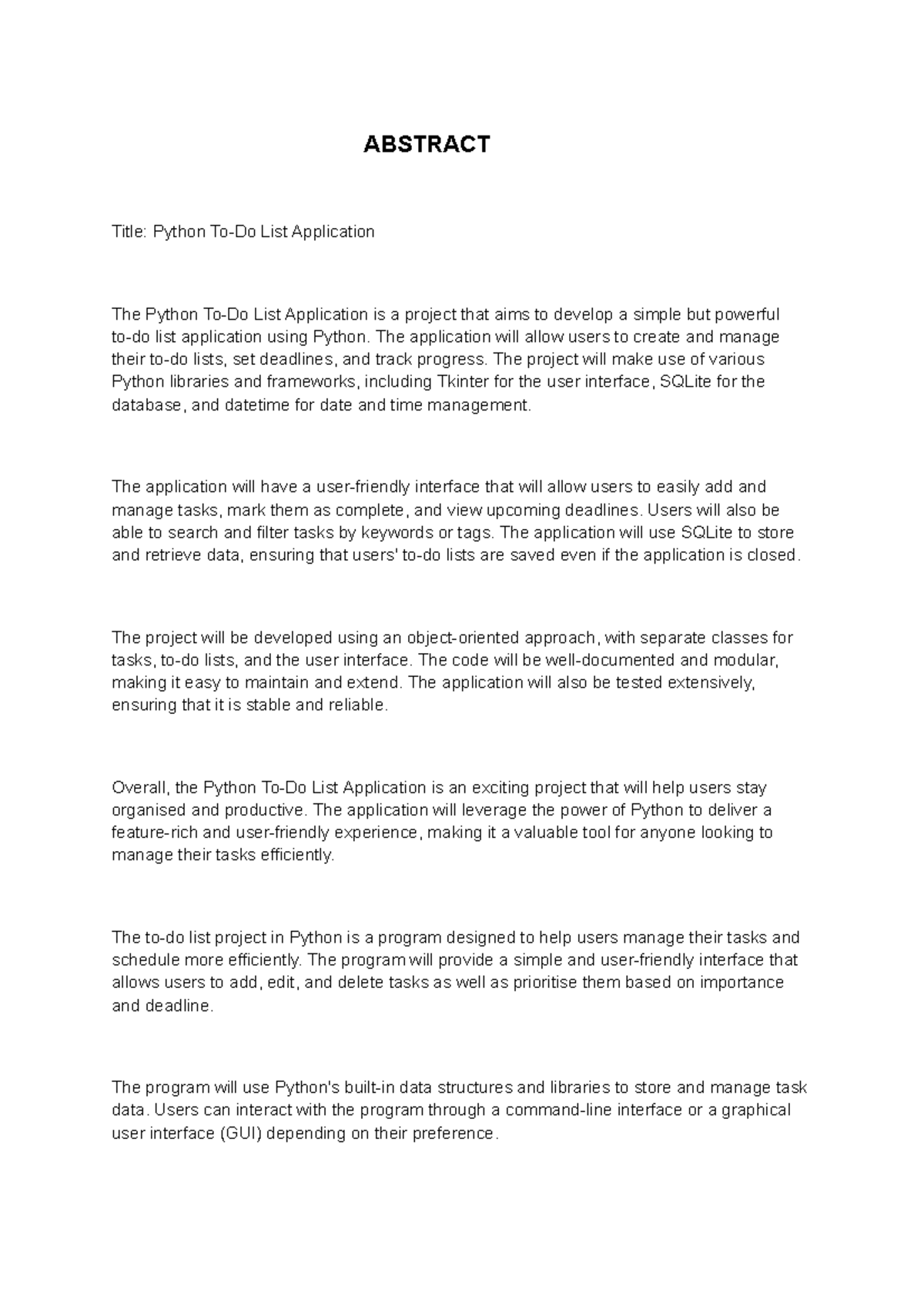 TO DO LIST Absttract PDF - ABSTRACT Title: Python To-Do List ...