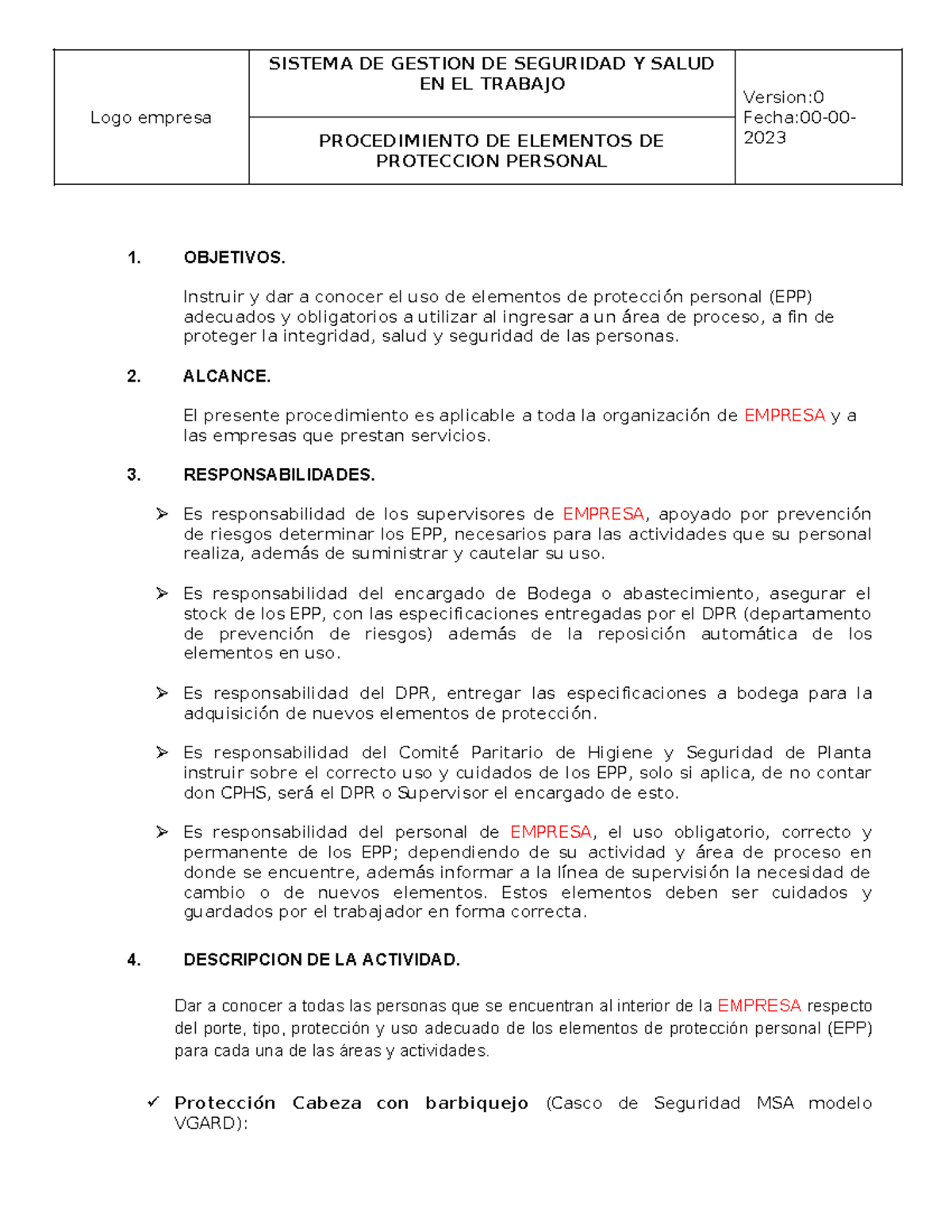Procedimiento Elementos Proteccion Personal - Logo empresa EN EL ...