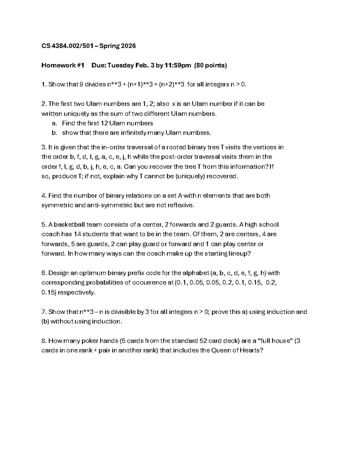 CS Spring 2026 Homework 1: Ulam Numbers & Binary Trees - Studocu