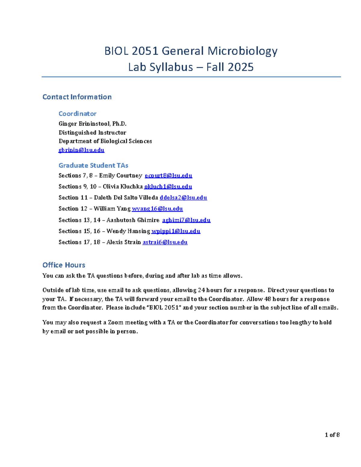 BIOL 2051 General Microbiology Lab Syllabus Fall 2025 (Sections 7-18 ...