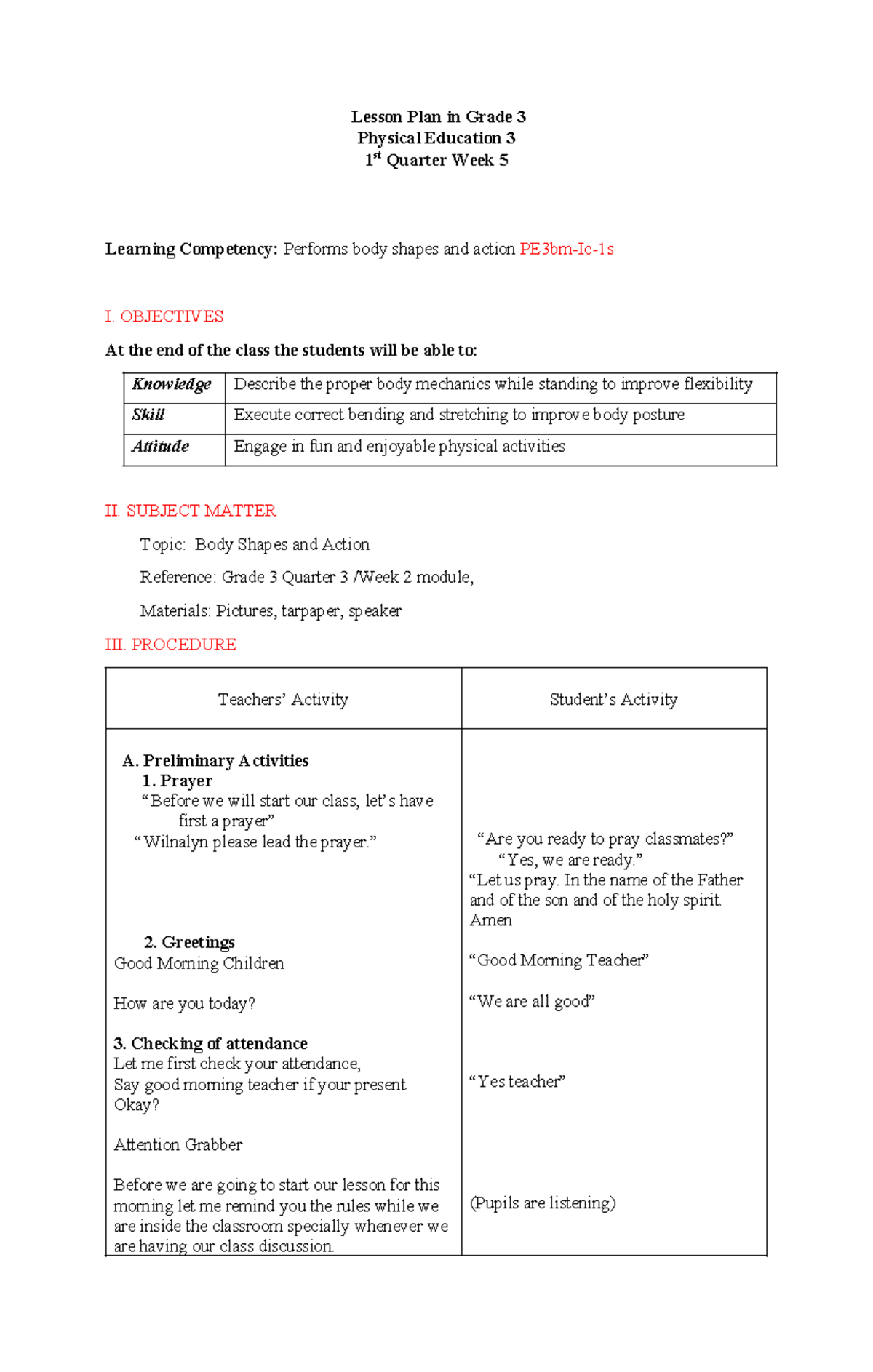 CO LP for PE 3 - Detailed Lesson Plan: Body Shapes and Actions in PE 3 ...
