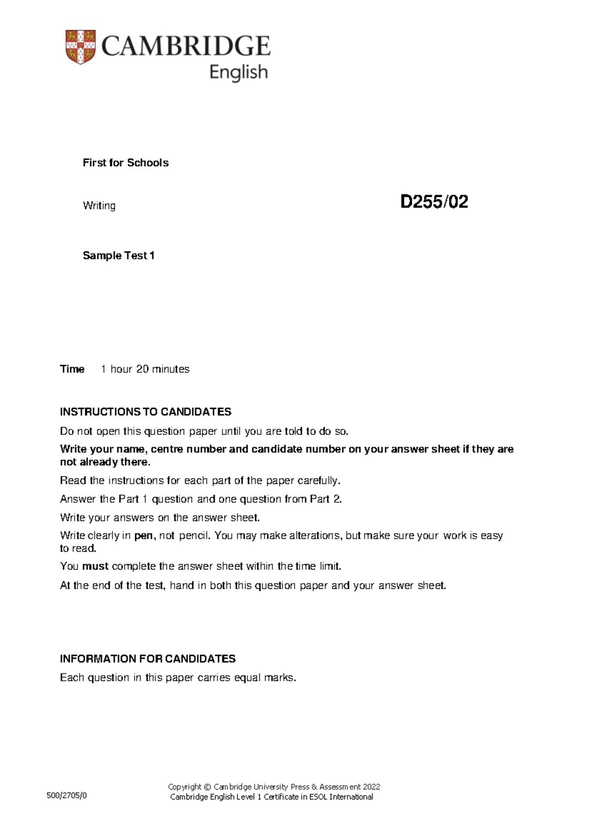 B2 First for Schools Writing Sample Test 1 (2022) - Studocu