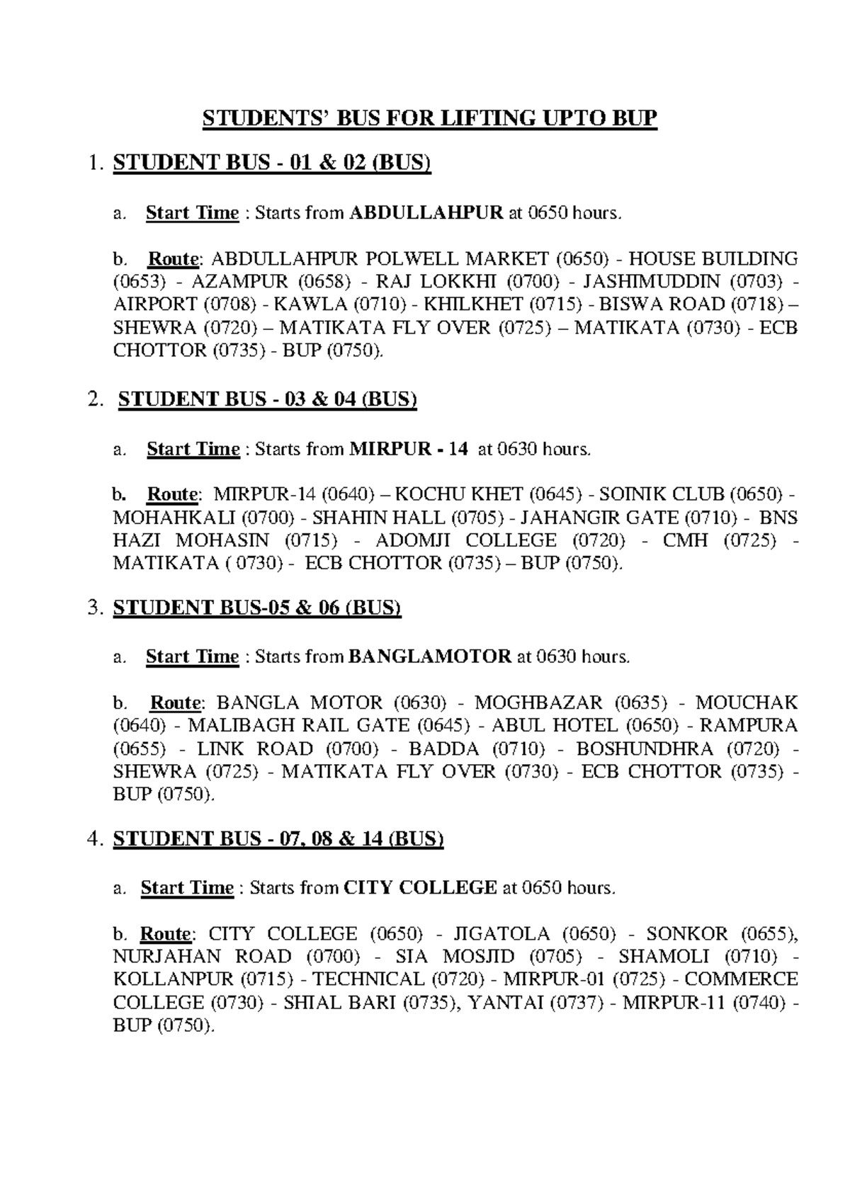 Vehicle Route Only for Students - STUDENTS’ BUS FOR LIFTING UPTO BUP 1 ...