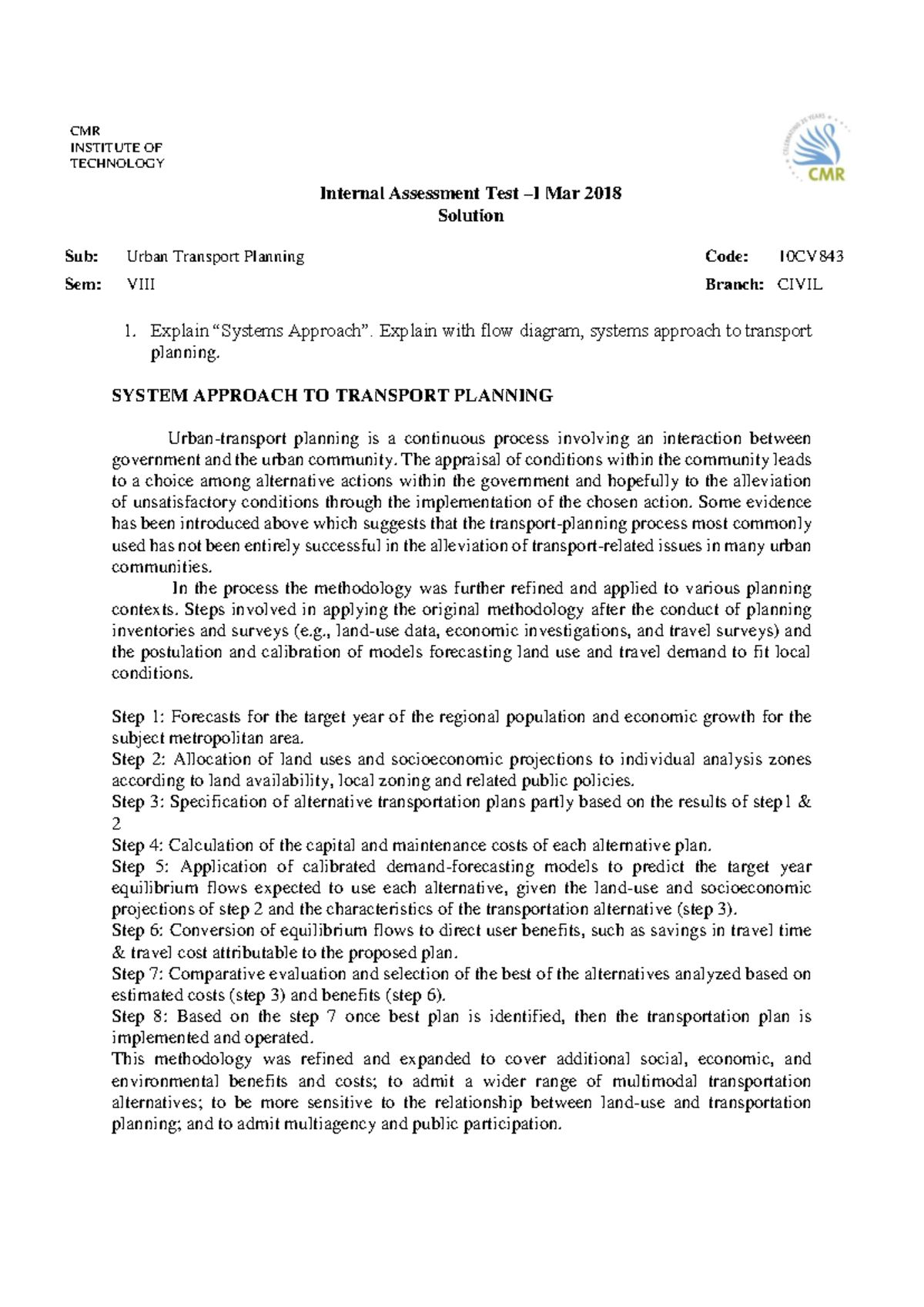 IAT- I question paper with solution for 10CV843 urban transport ...