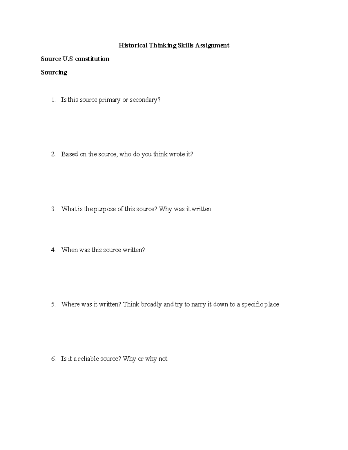 U.S. History 101: Historical Thinking Skills Assignment on the ...