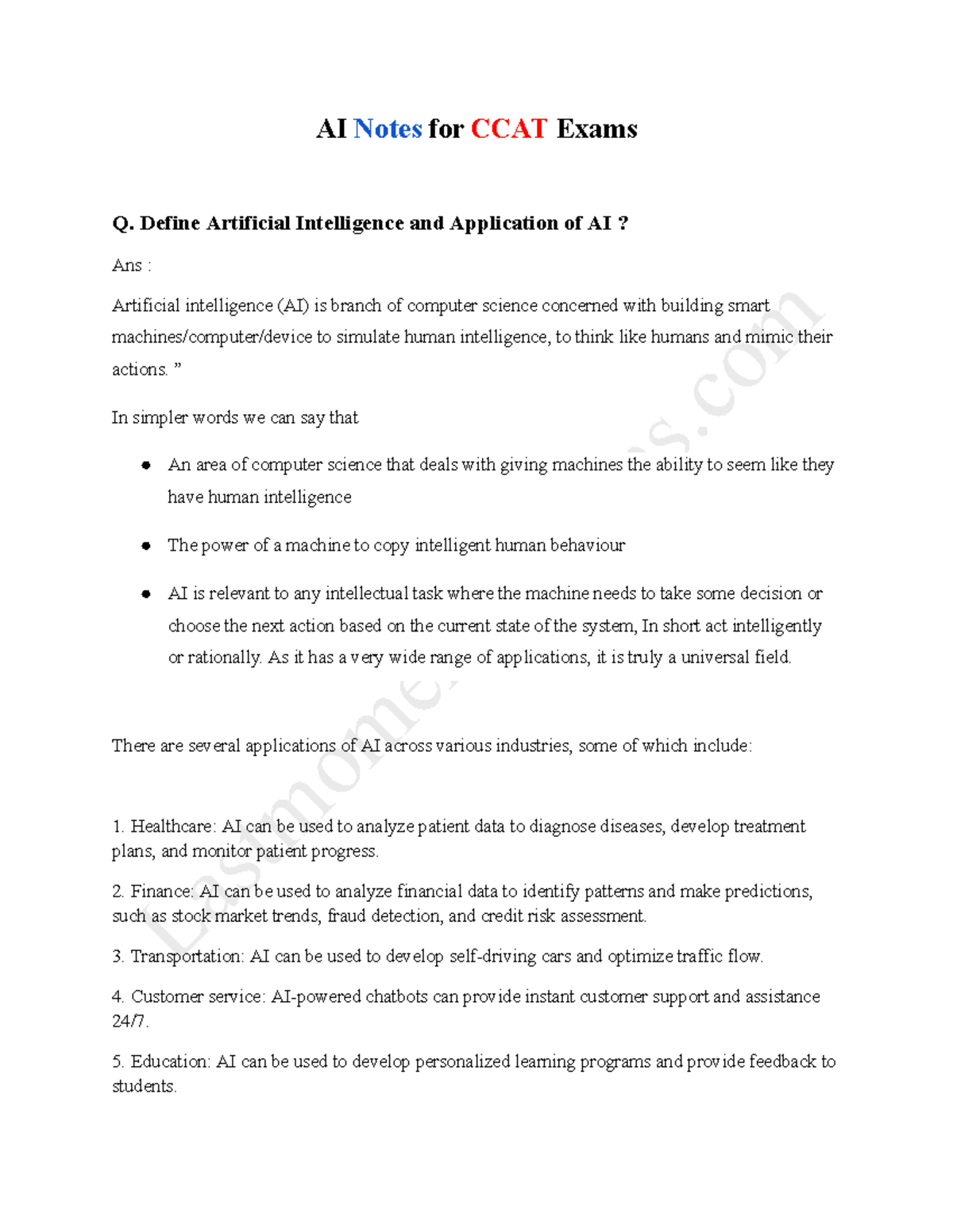 Basics of Artificial Intelligence: Definition and Applications - Studocu