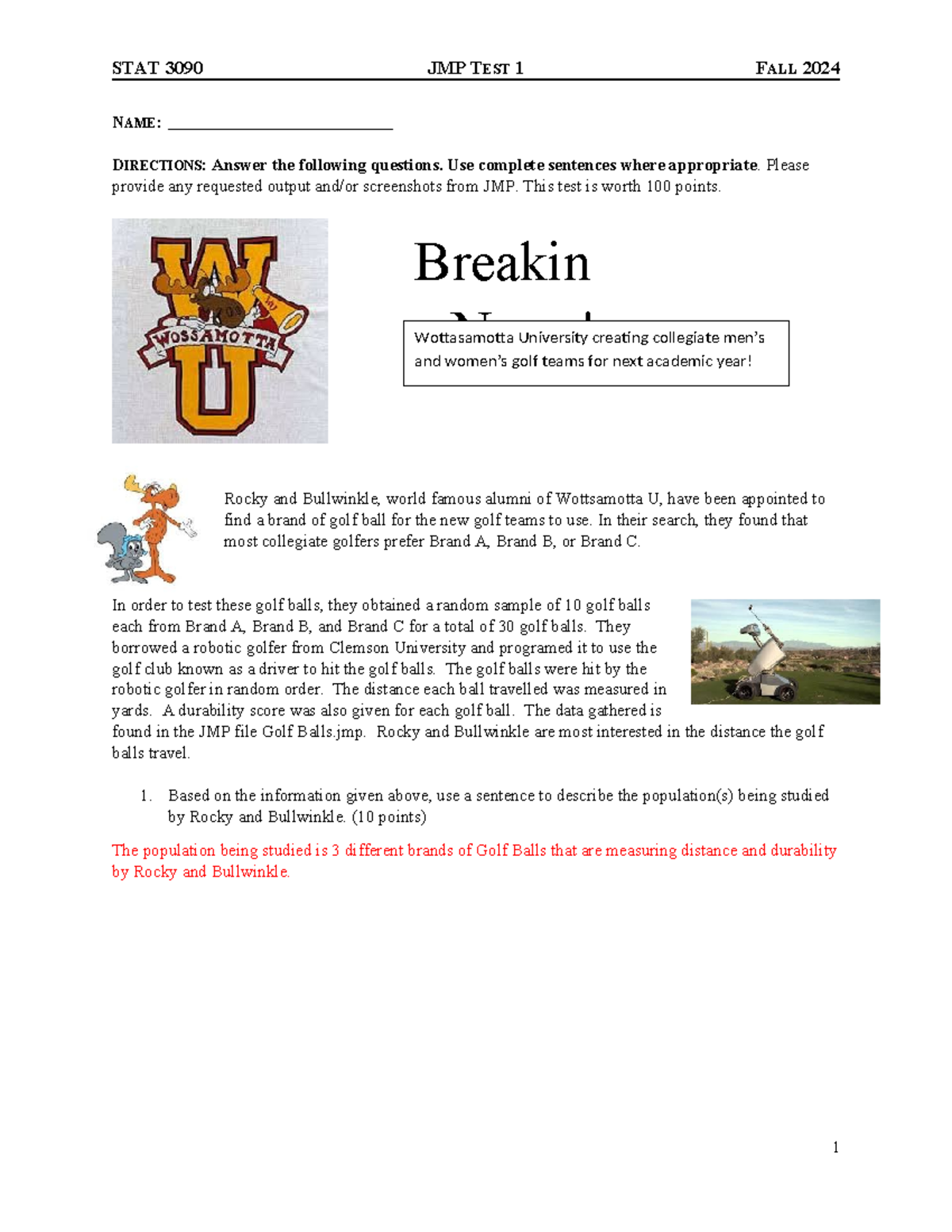 JMP Test 1: Golf Ball Performance Analysis for Nicholas C - Studocu