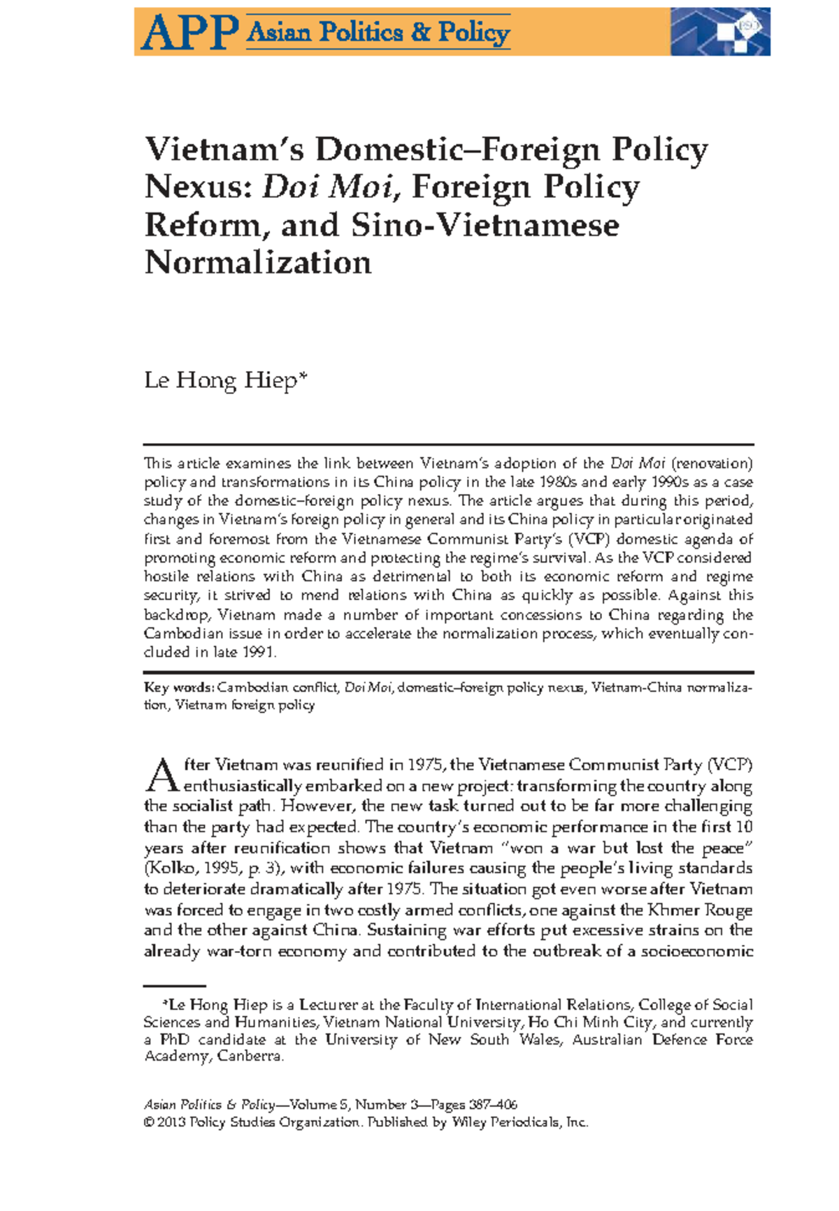 BS_POL 2013: Doi Moi and Vietnam's China Policy Normalization - Studocu