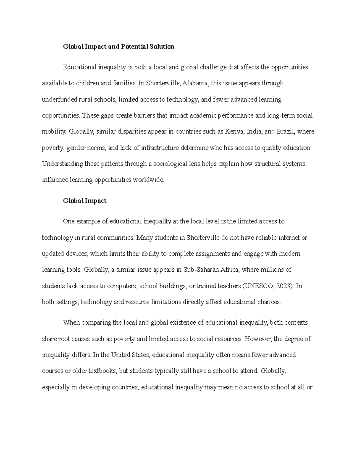 EDU 1282: Global Impact of Educational Inequality & Solutions - Studocu