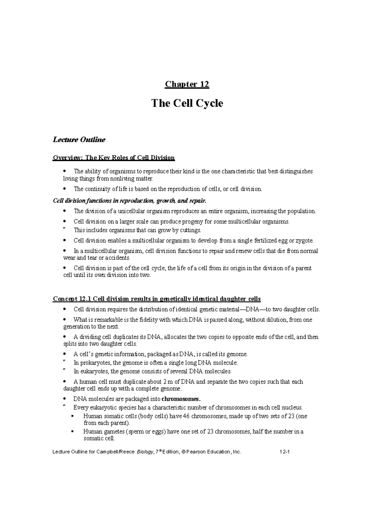 Biology 7th Ed: Chapter 12 Cell Cycle Lecture Outline Summary - Studocu