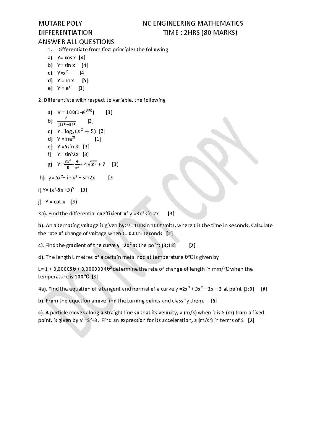 MUTARE POLY NC ENGINEERING MATHEMATICS DIFFERENTIATION EXAM - Studocu