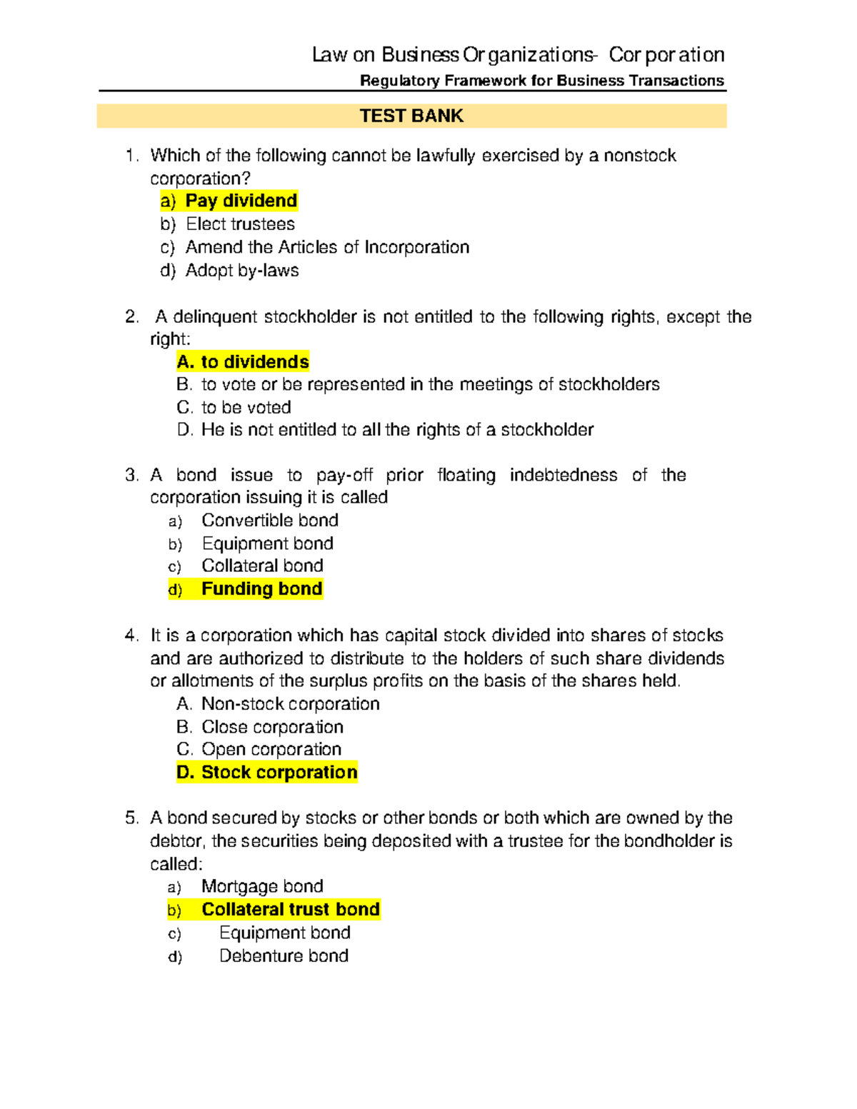 (RFBT) Law on Business Organization - Corporation Test Bank Review ...