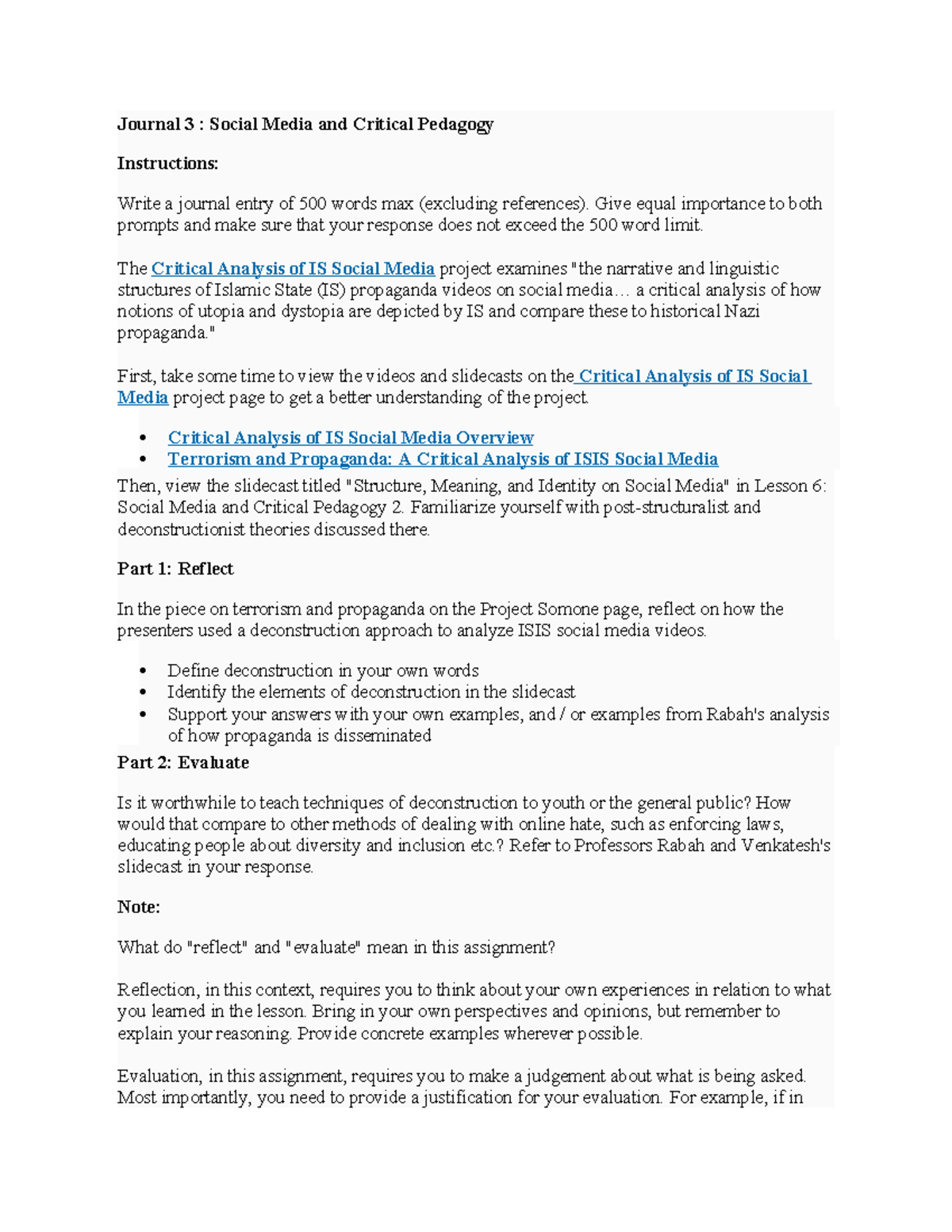 Educ 307 journal 3 instructions - Journal 3 : Social Media and Critical ...