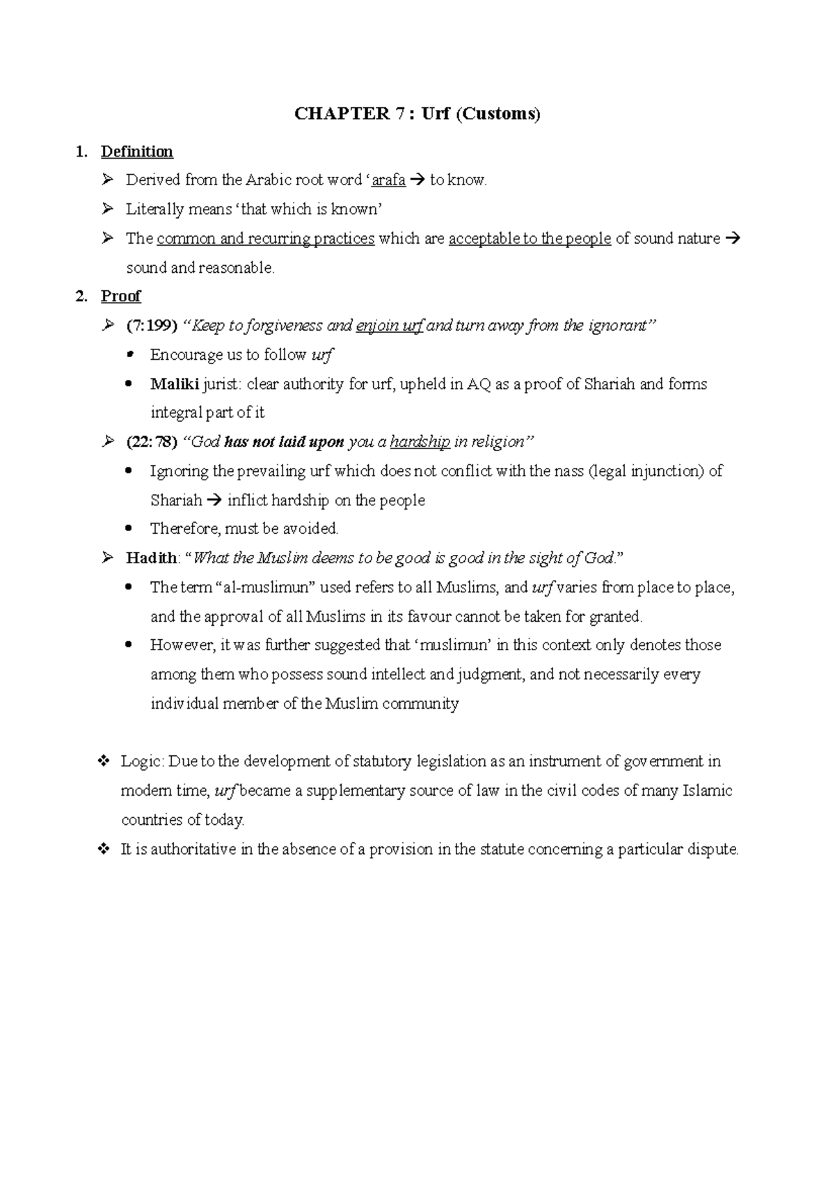 CHAPTER 7: Detailed Notes on Urf - Islamic Customs Exploration - Studocu