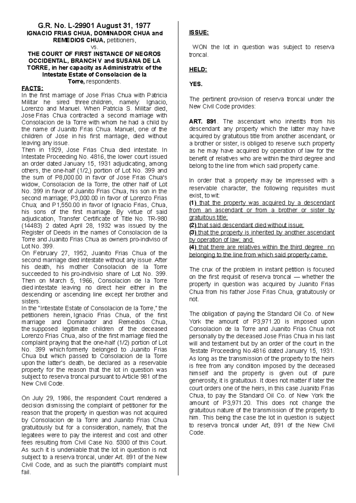 Chua v. CFI - Case Digest on Reserva Troncal Issues (G.R. No. L-29901 ...