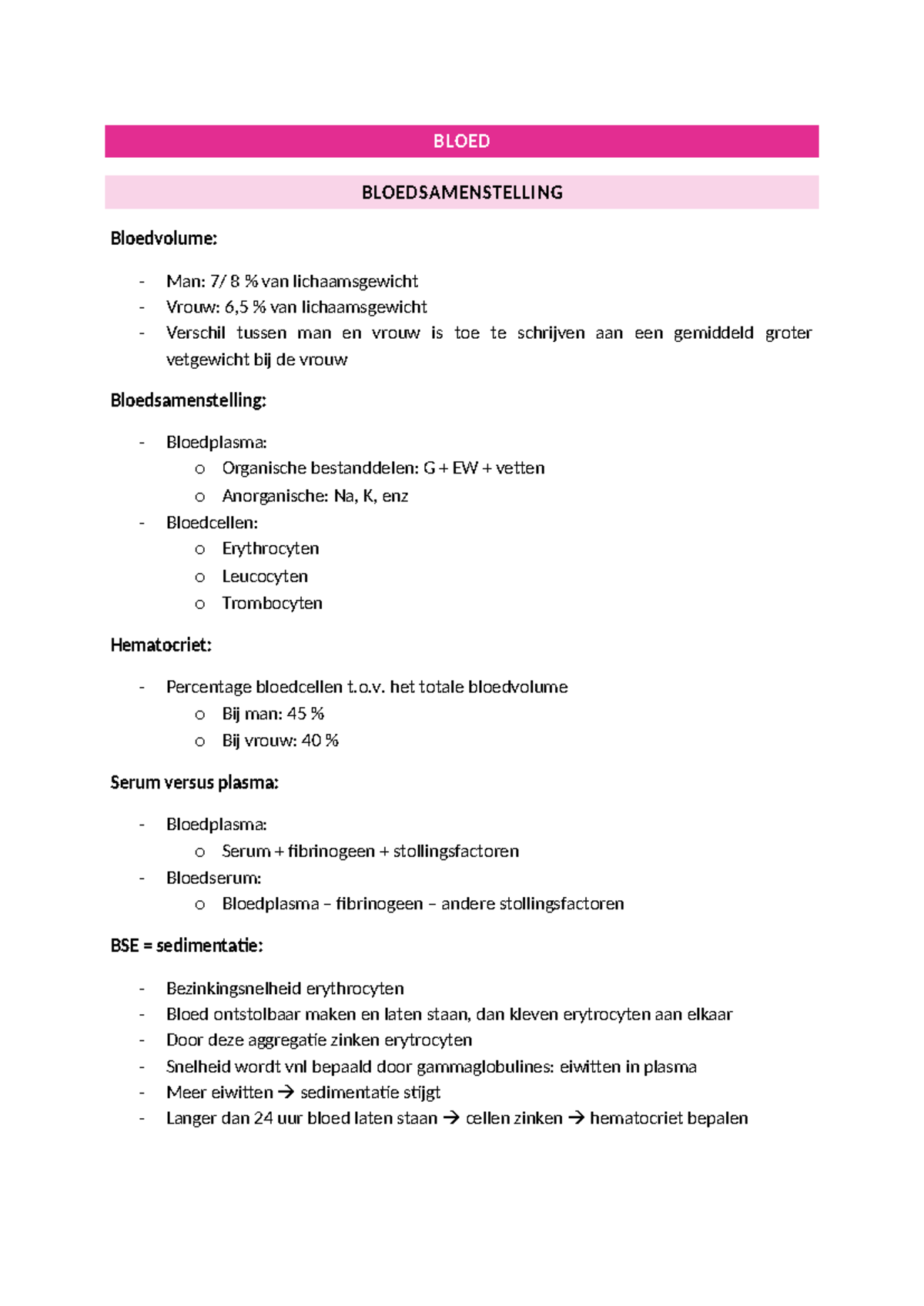 BLOEDANATOMIE SAMENVATTING 2: HEMATOCRIET EN BLOEDSAMENSTELLING - Studocu