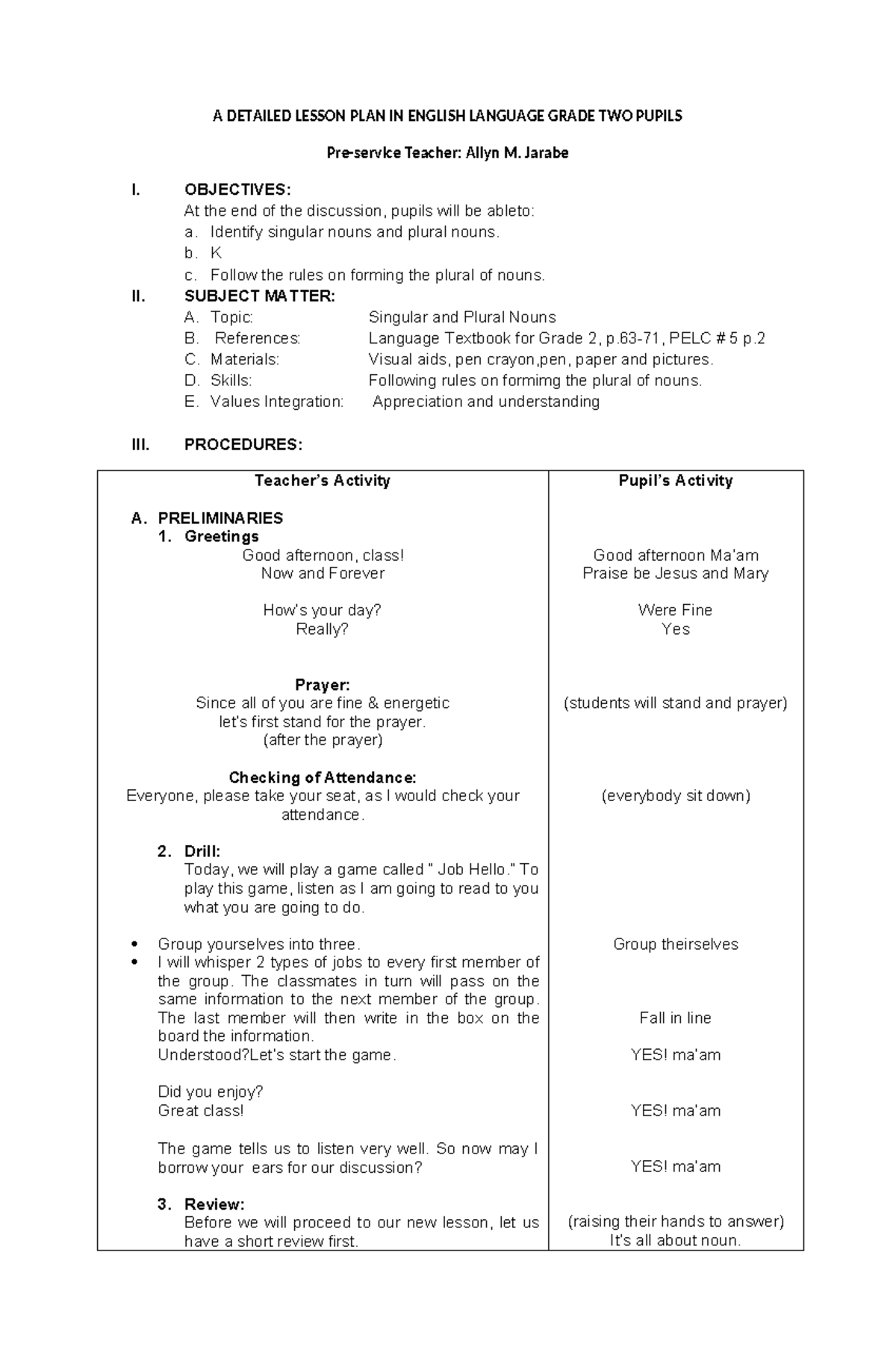 Detailed Lesson Plan: Singular & Plural Nouns for Grade 2 (ENG 101) - Studocu