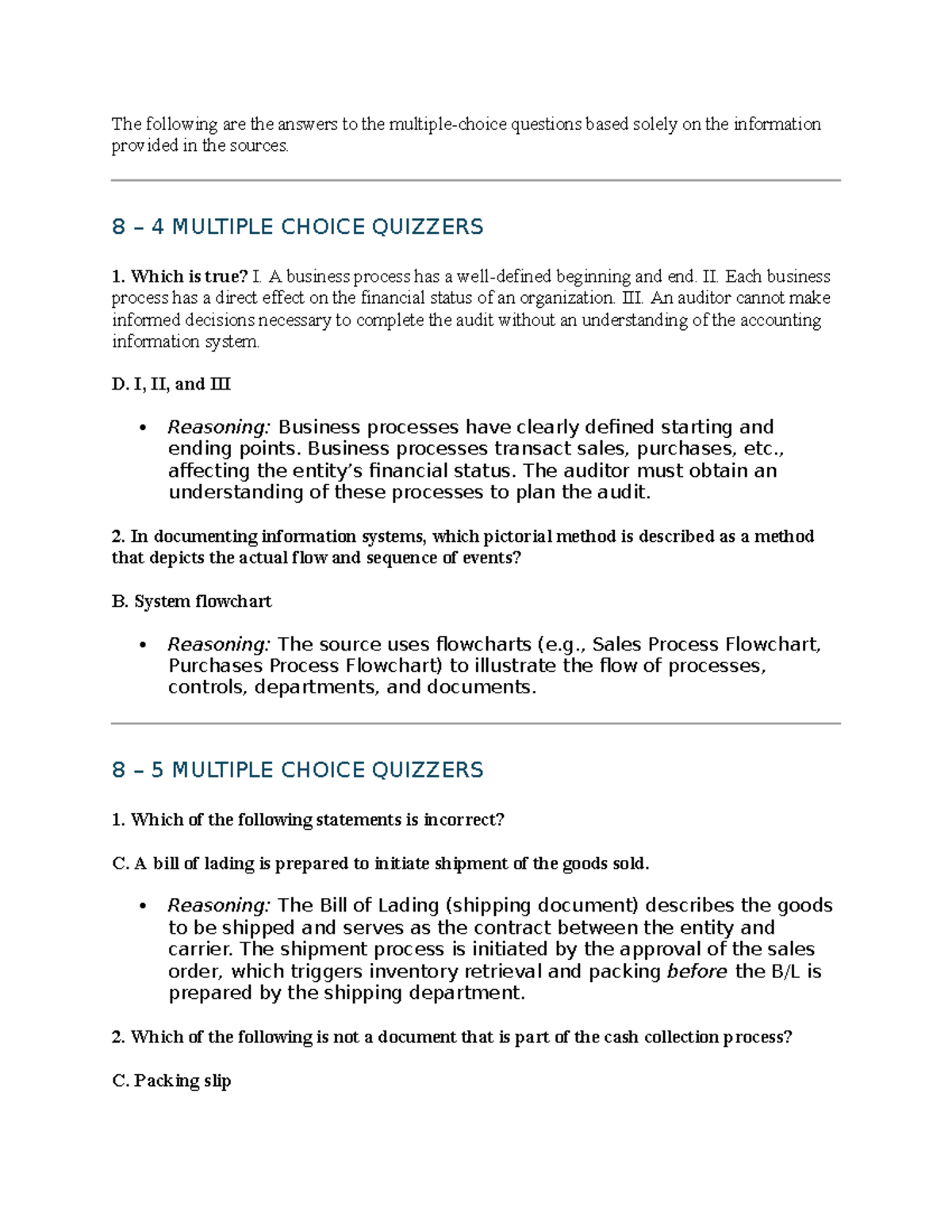 Chap 8 Multiple Choice Quiz Answers - Auditing Theory (AUD 101) - Studocu