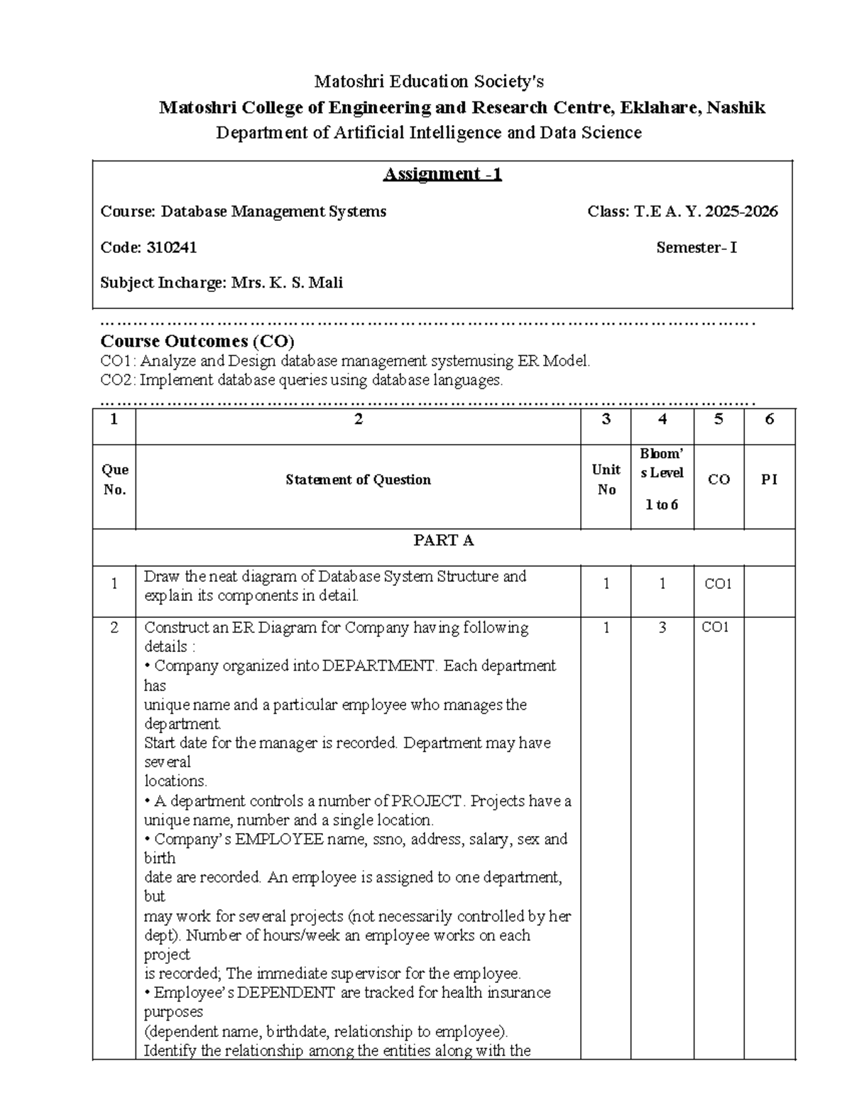 Database Management Systems Assignment 310241: ER Modeling & SQL Queries - Studocu