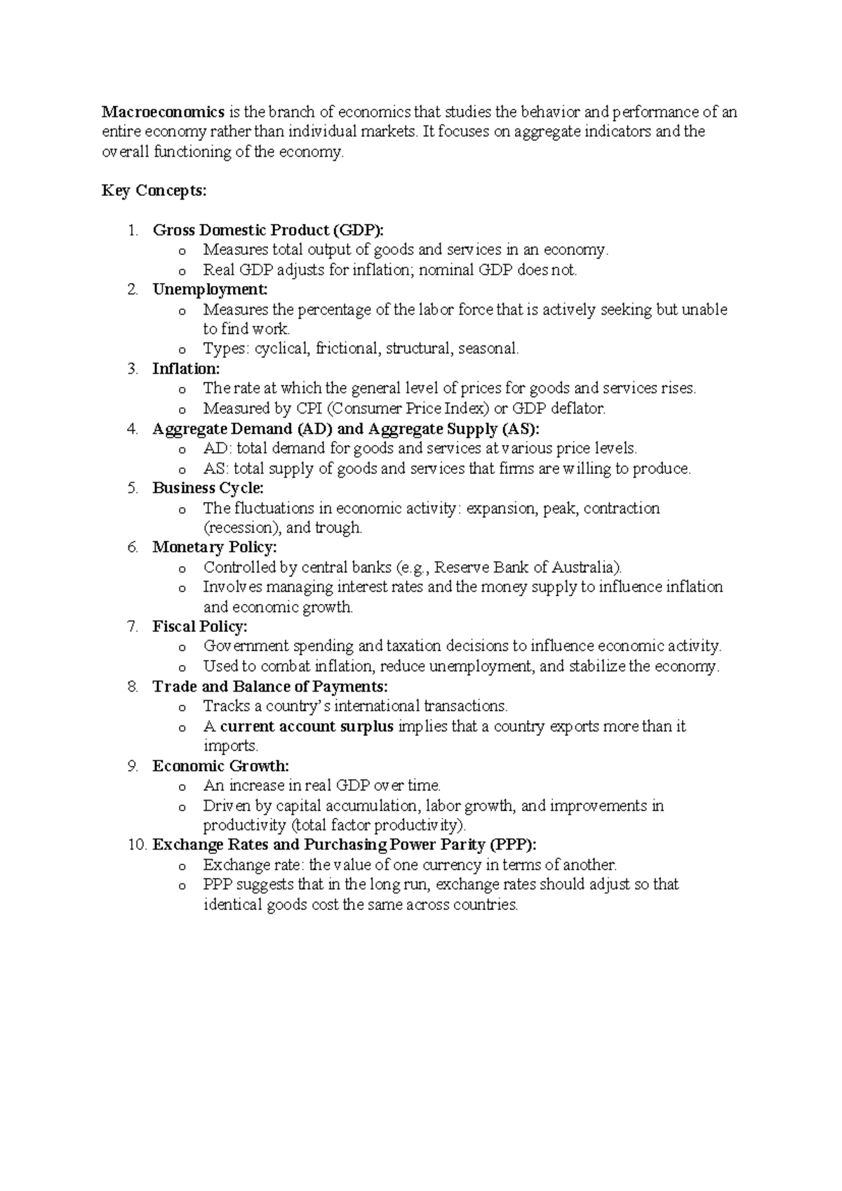 Macroeconomics Overview: Key Concepts and Indicators Summary - Studocu