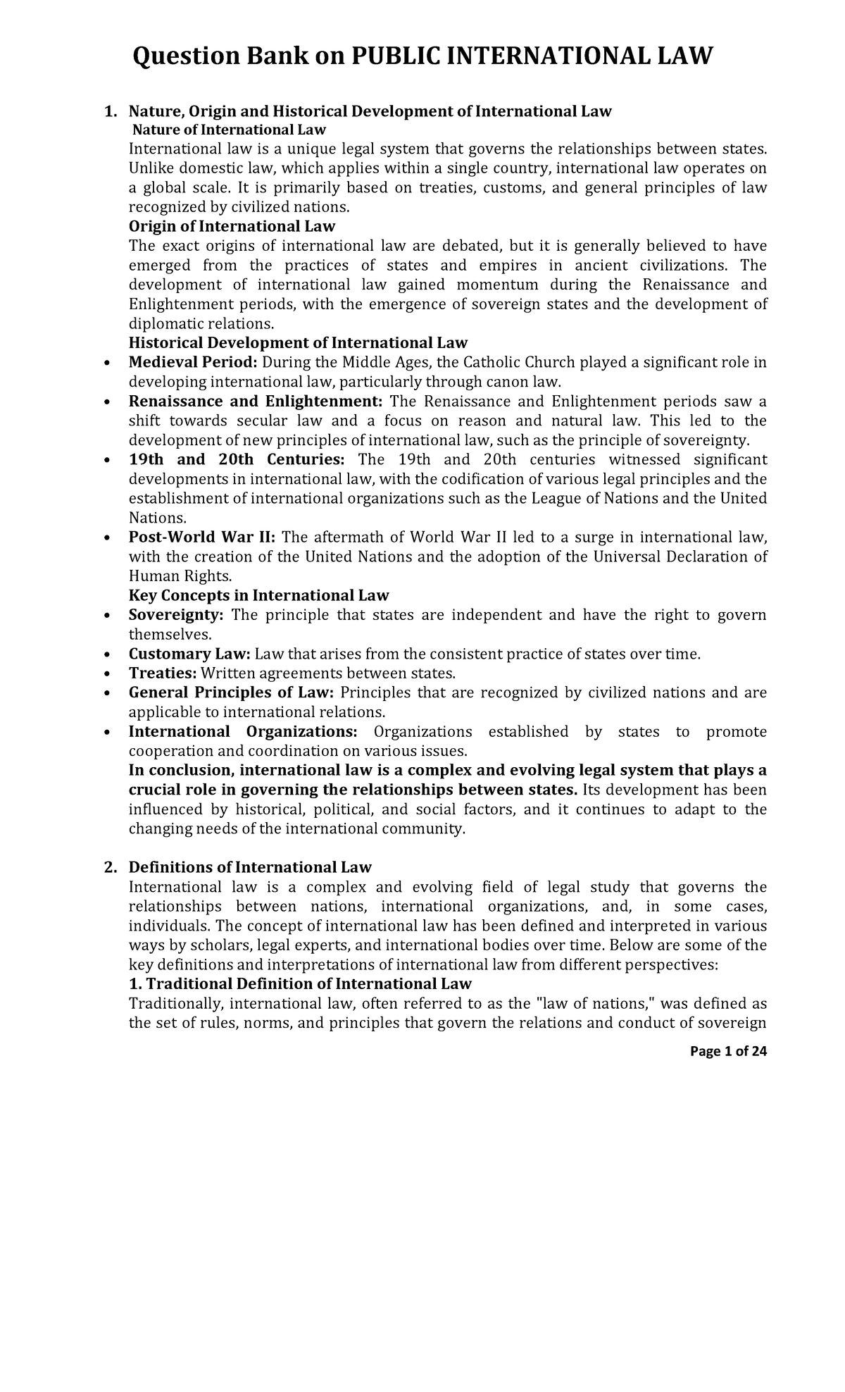 Assig. Public International LAW - Question Bank on PUBLIC INTERNATIONAL ...