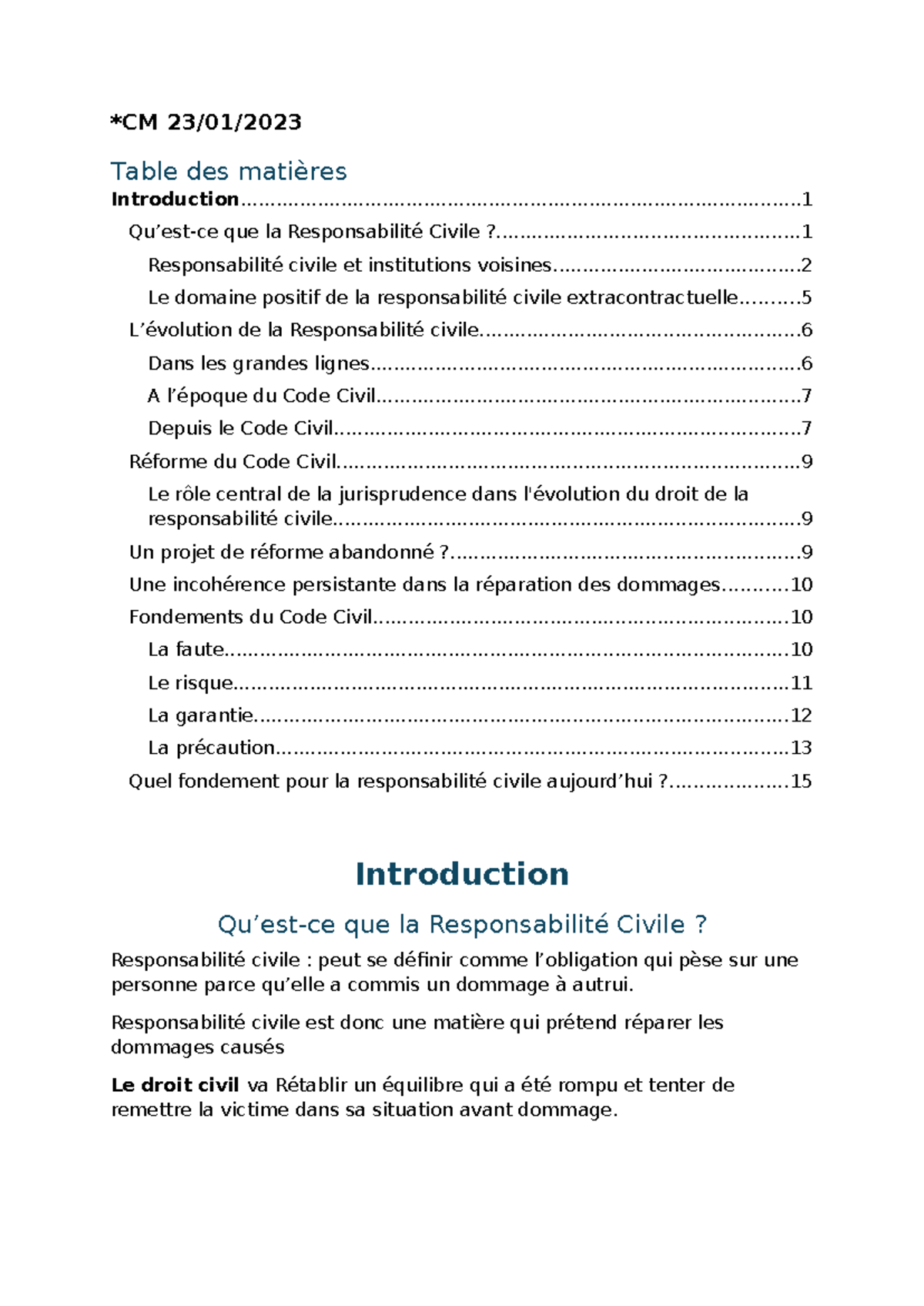 Introduction à la Responsabilité Civile - Cours et Concepts Essentiels - Studocu