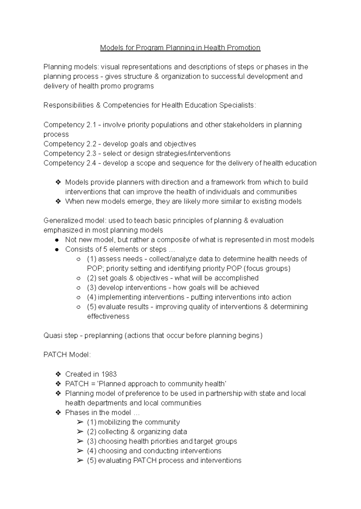 Unit 3: Planning Models for Health Promotion and Evaluation - Studocu