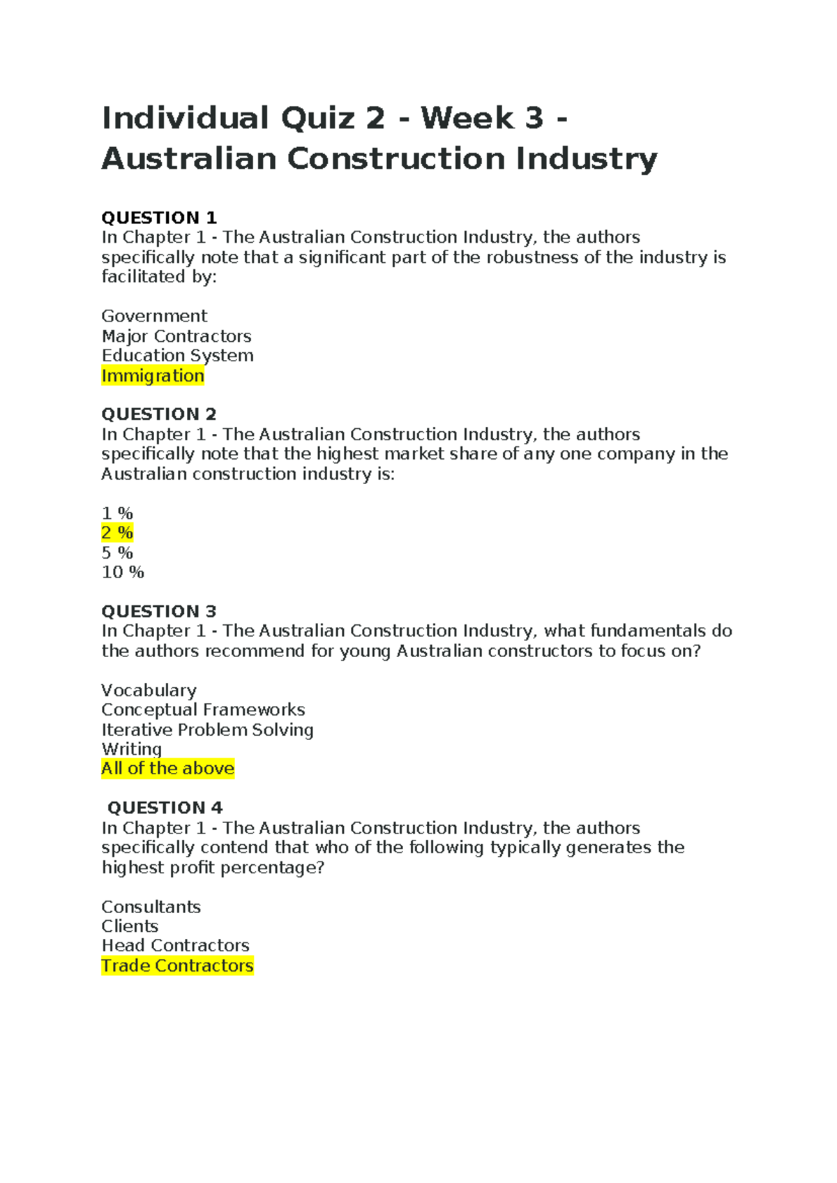 Individual Quiz 2 - Week 3: Australian Construction Industry Insights ...