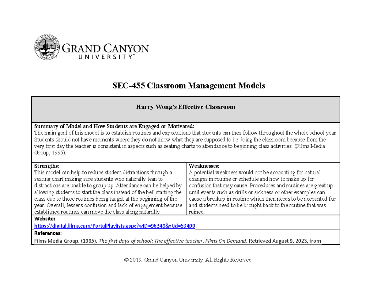 SEC 455 T1 Classroom Management Models Overview and Application - Studocu