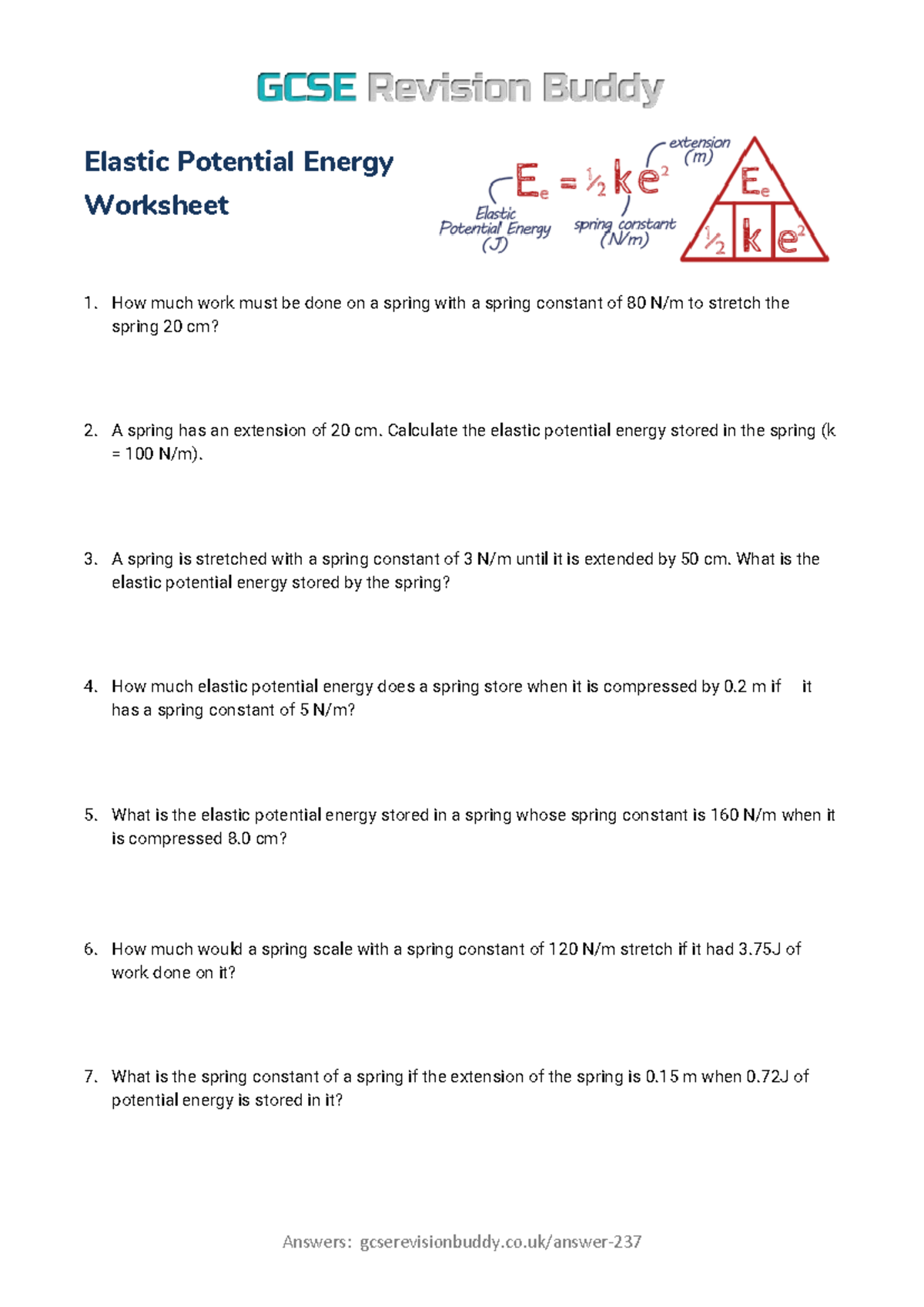 Elastic Potential Energy Worksheet - Key Problems and Solutions - Studocu