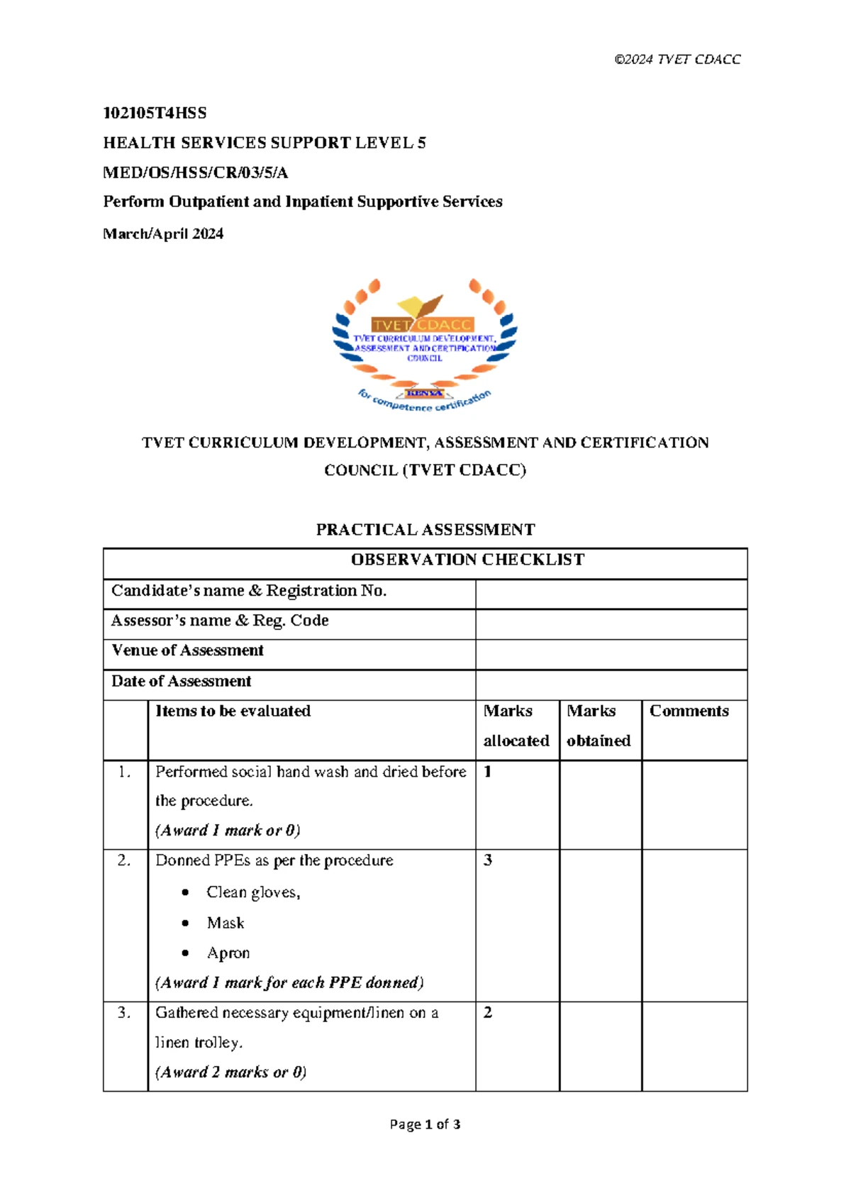 HSS 102104T4 Level 4 Practical Assessment Checklist: Infection Control ...