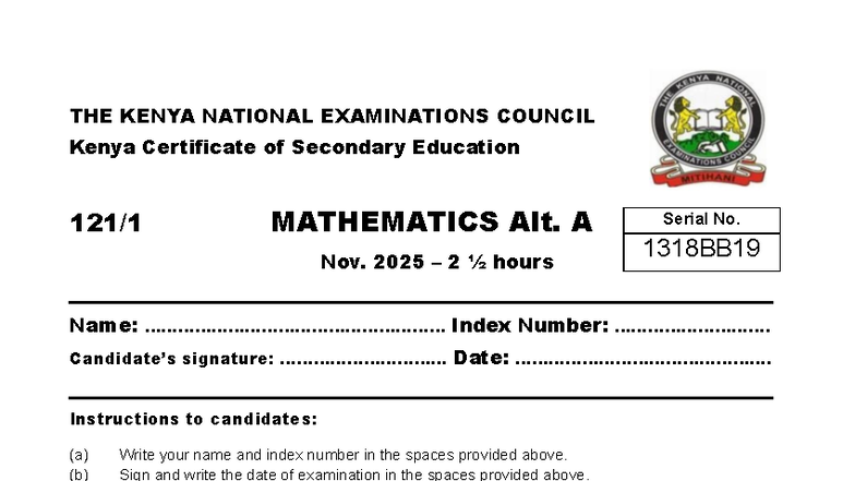 KCSE 2025 Paper 1 Mathematics Alt. A - Question Paper - Studocu