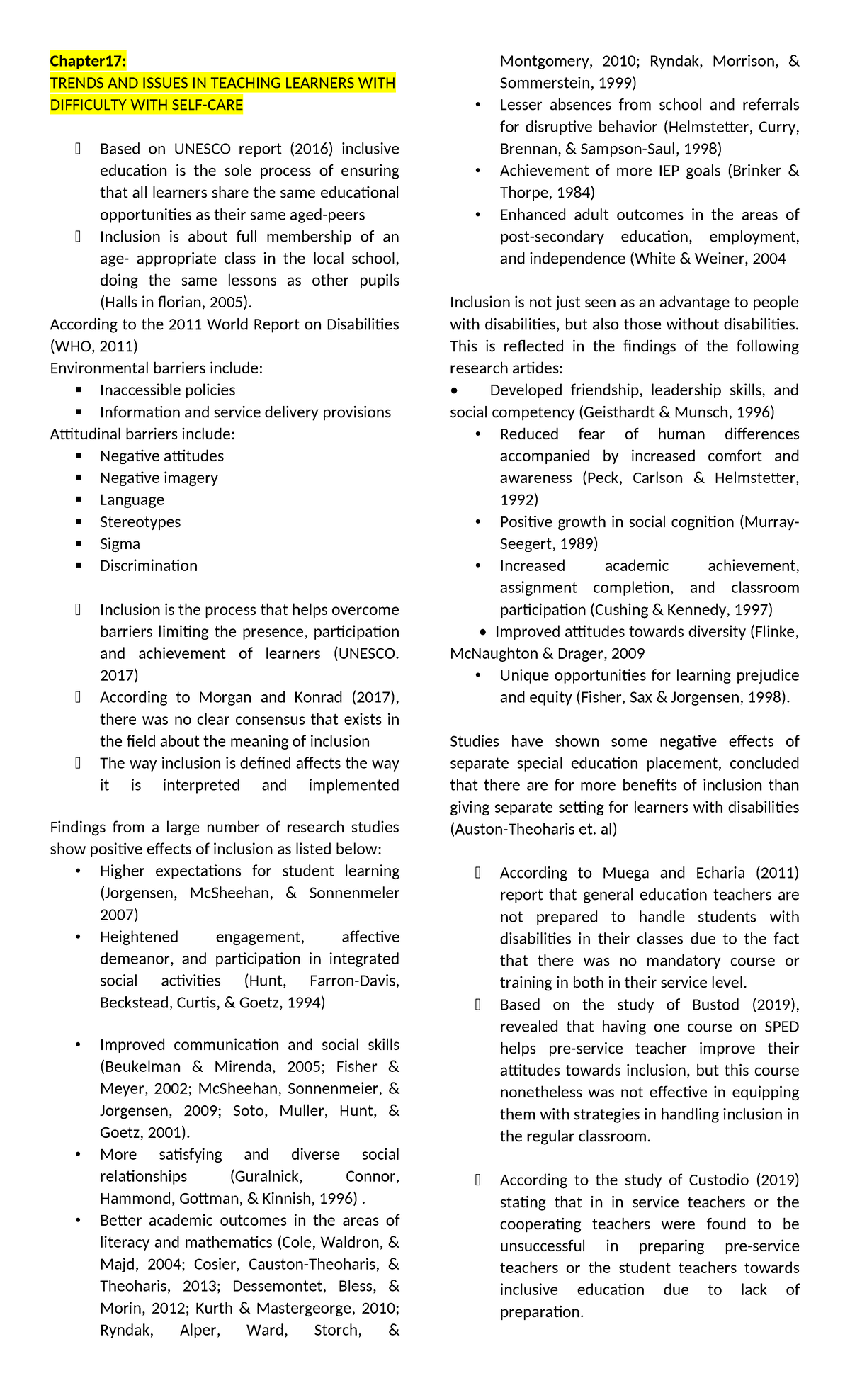 CPE103 Chapter 17 Notes: Trends in Inclusive Education - Studocu