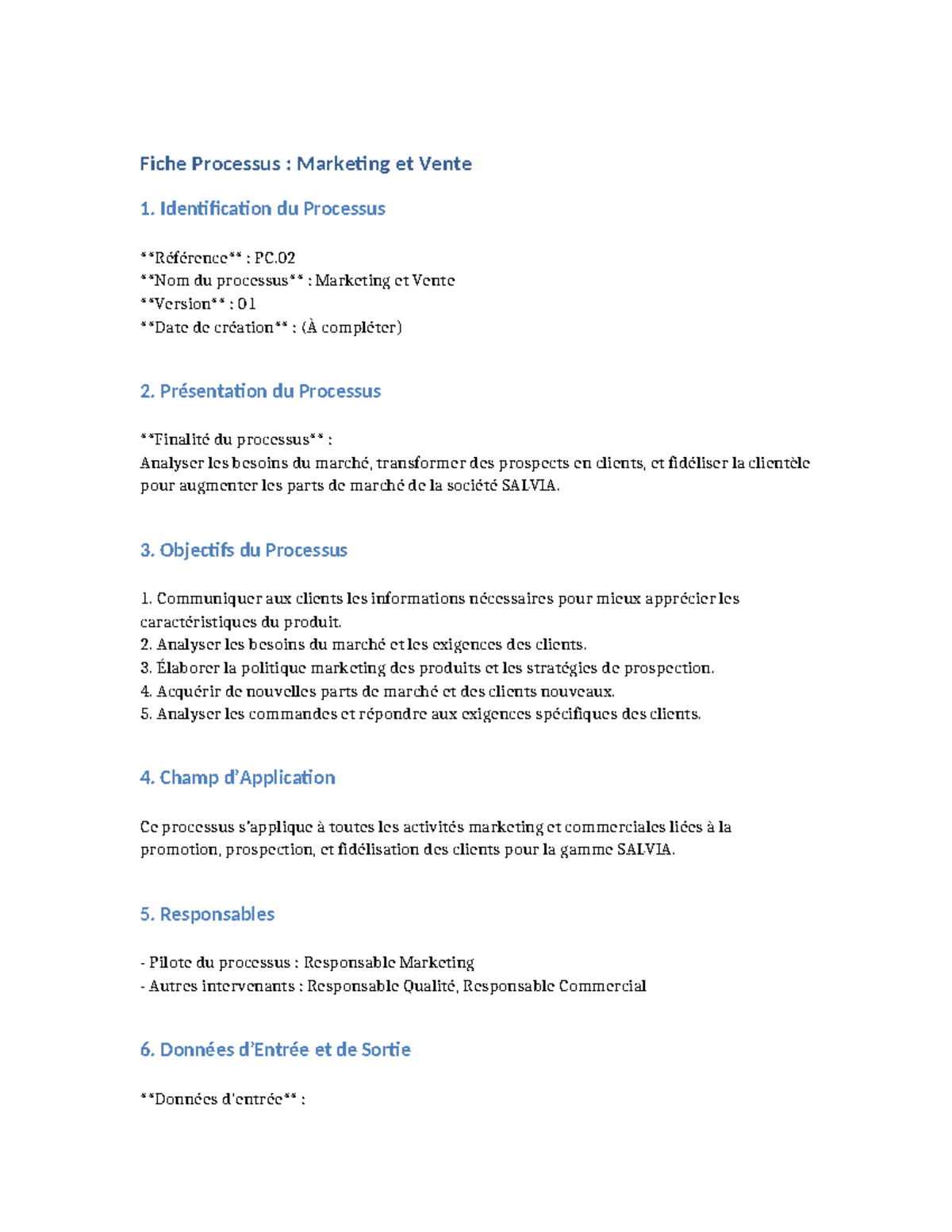 Fiche Processus Marketing et Vente - Référence PC - Version 01 - Studocu