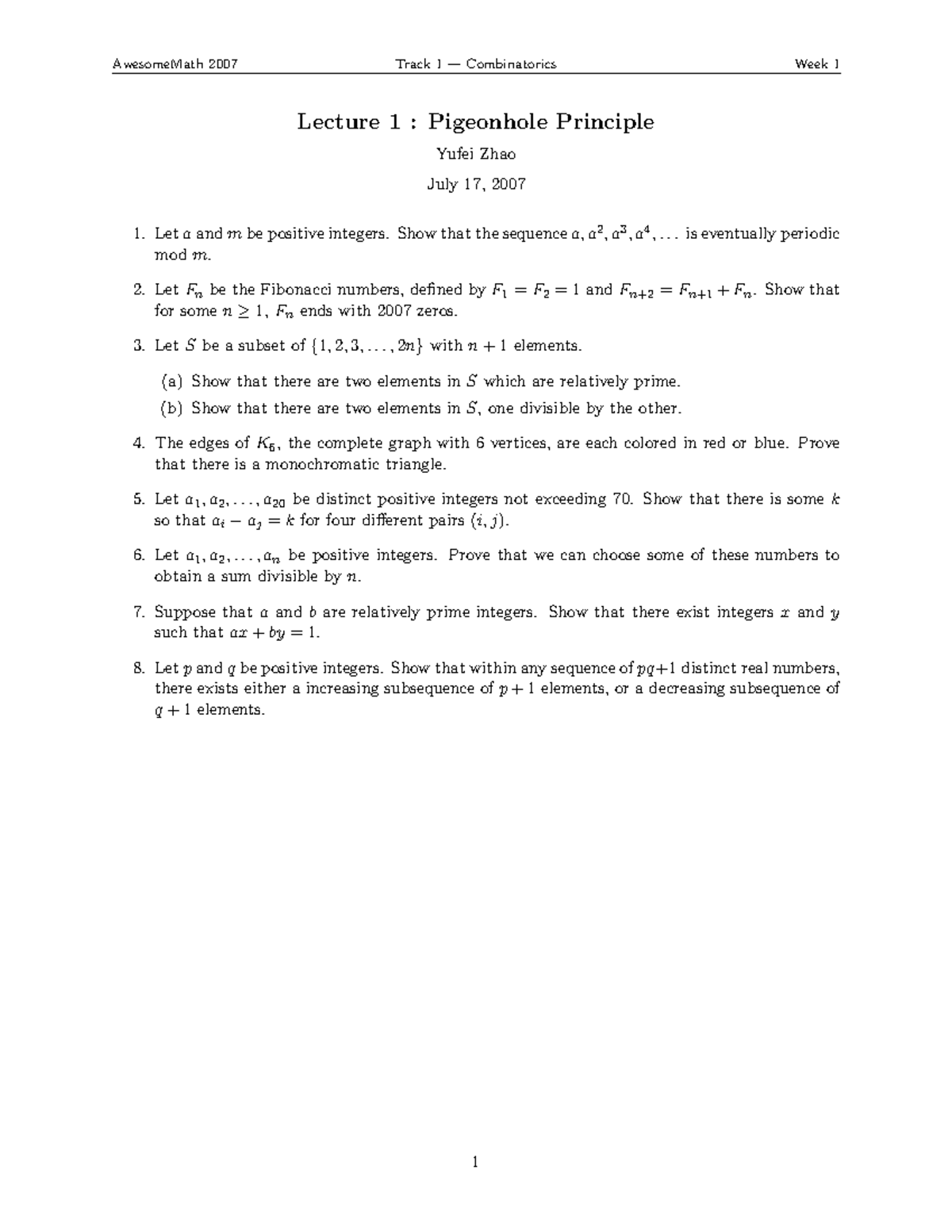 Lecture 1: Pigeonhole Principle and Problem Solving Sessions - Studocu