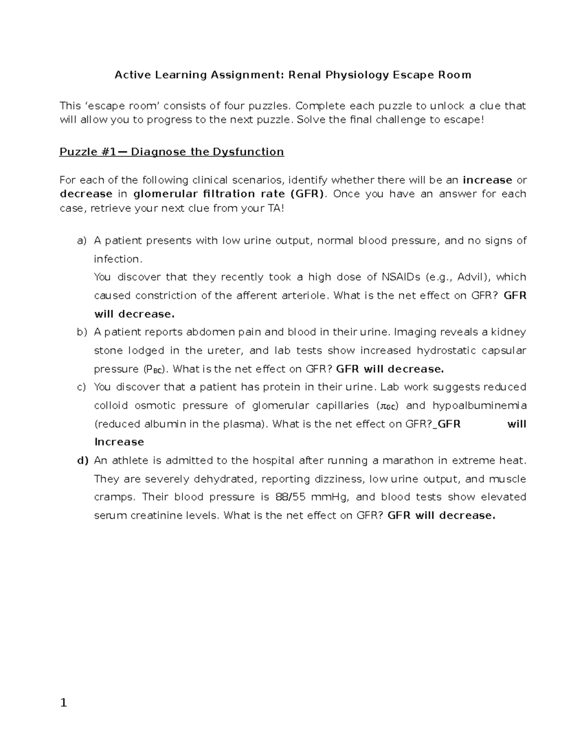 Active Learning Assignment: Renal Physiology Escape Room - Studocu