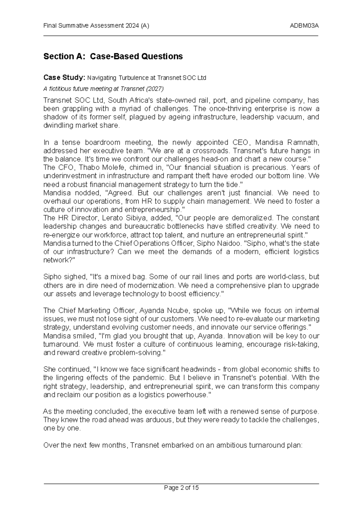 Final Summative Assessment 2024 (A) ADBM03A: Transnet Case Study ...