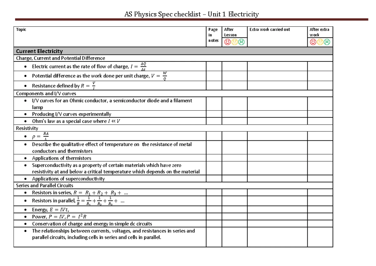 AS Physics Unit 1 Electricity Spec Checklist: Current & Circuits - Studocu