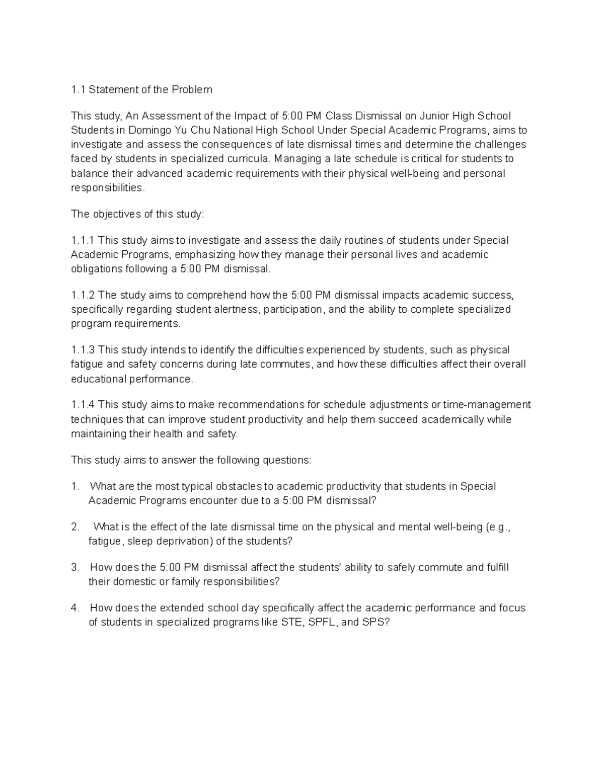Assessment of 5:00 PM Dismissal Impact on Junior High Students - Studocu