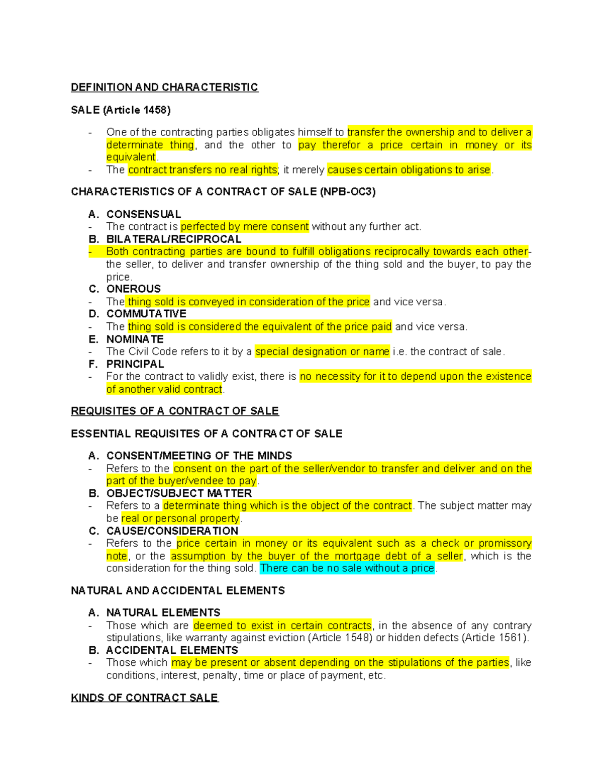 Sales Reviewer (Article 1458) - Definition & Characteristics of Sale ...