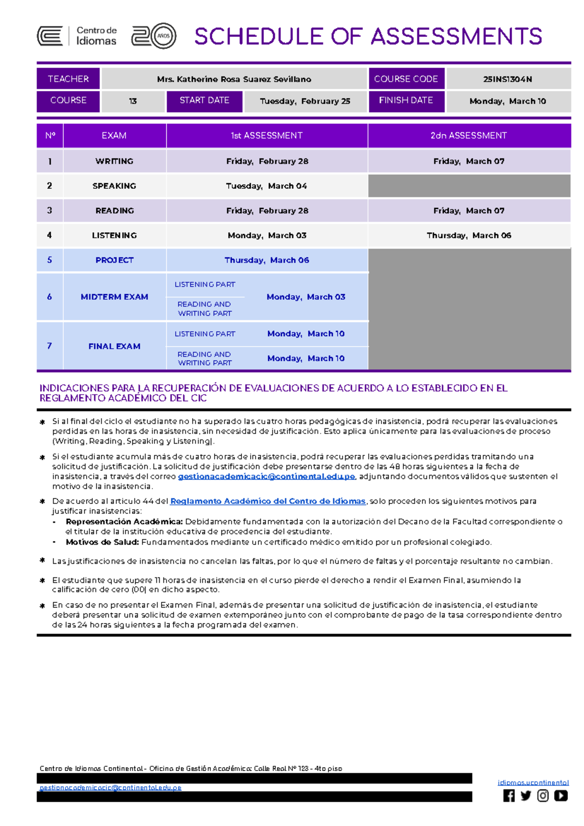 25INS1304N - Schedule of Assessments for Course 13 - Intensive Class ...